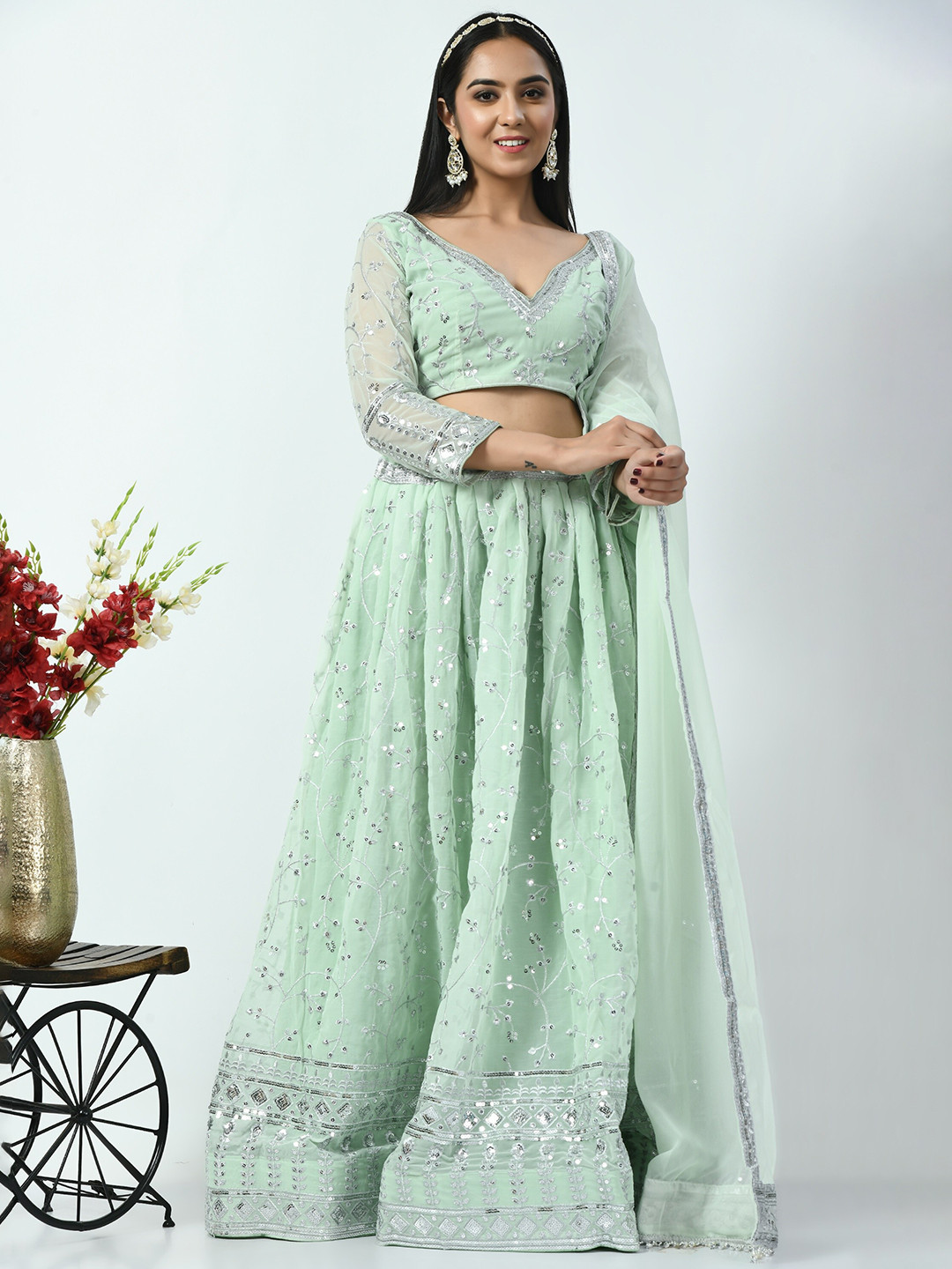 Buy Angroop Embroidered Sequinned Semi Stitched Lehenga & Unstitched ...