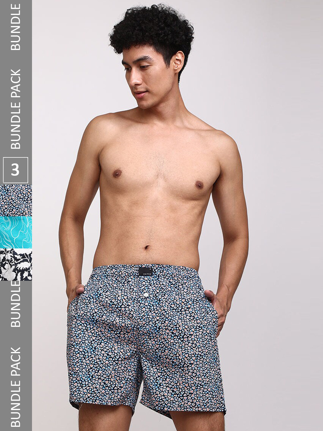 Buy Snitch Blue, Black & White Pack Of 3 Printed Pure Cotton Boxers ...