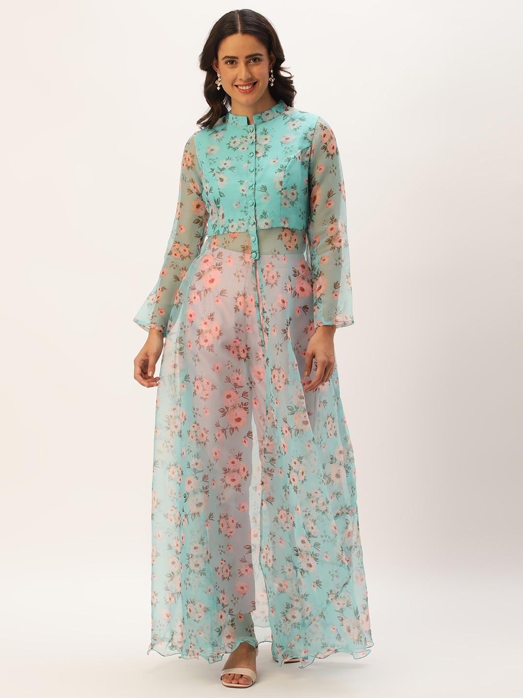 Buy Ethnovog Women Floral Printed High Slit Kurta With Trousers - Kurta ...