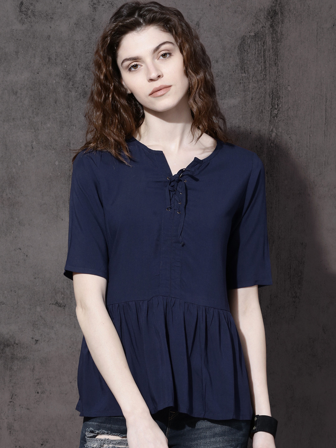 Buy Roadster Women Navy Blue Solid Top - Tops for Women 2423513 | Myntra