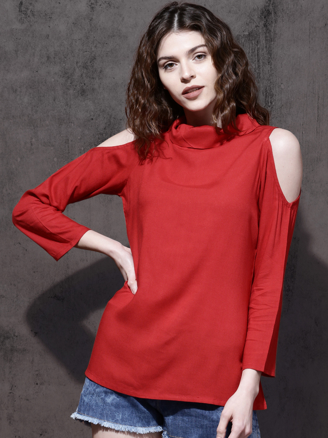 Buy Roadster Women Red Solid Cold Shoulder Top - Tops for Women 2423518 ...