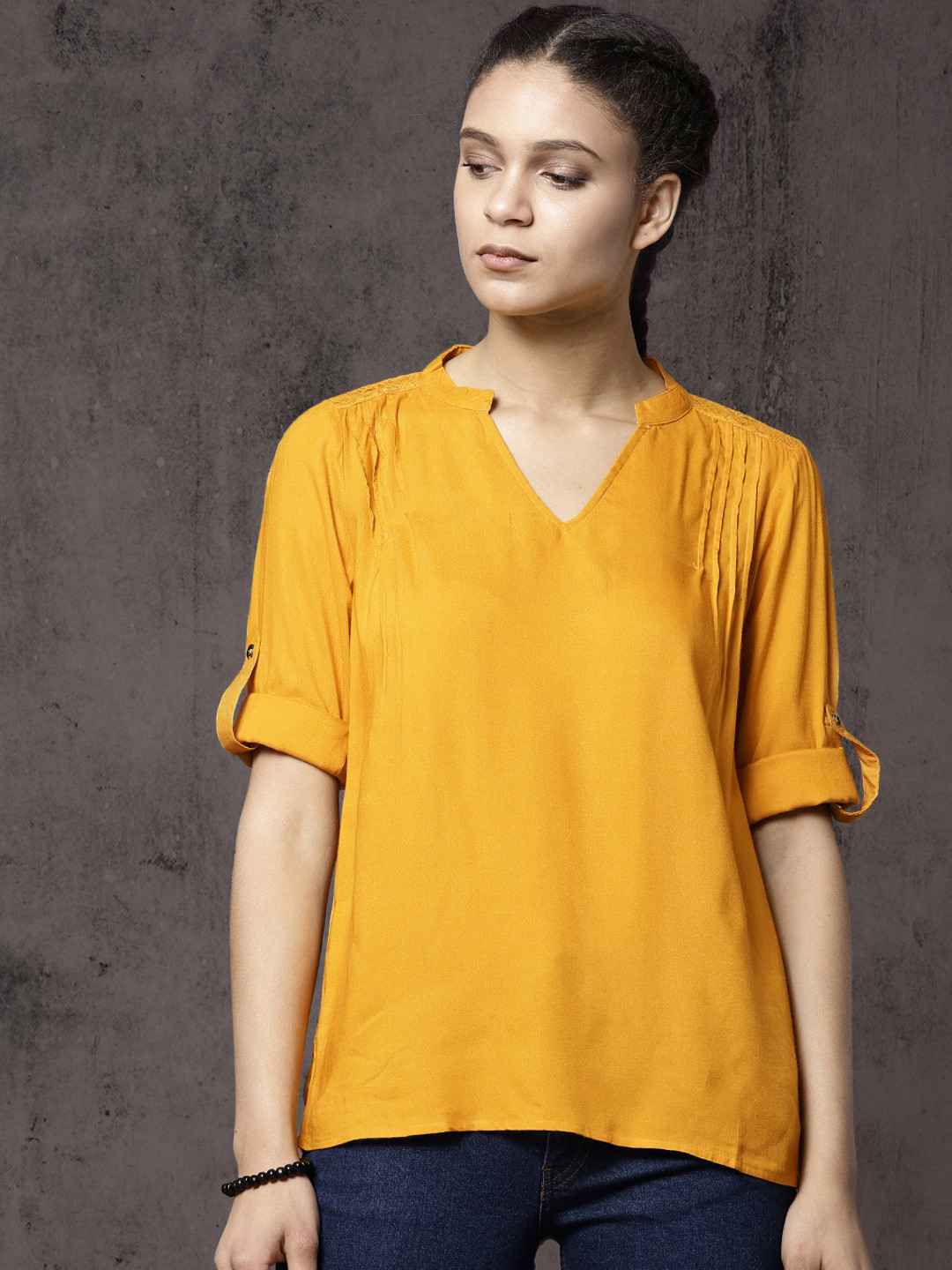 Buy Roadster Women Mustard Yellow Solid A Line Top - Tops for Women ...