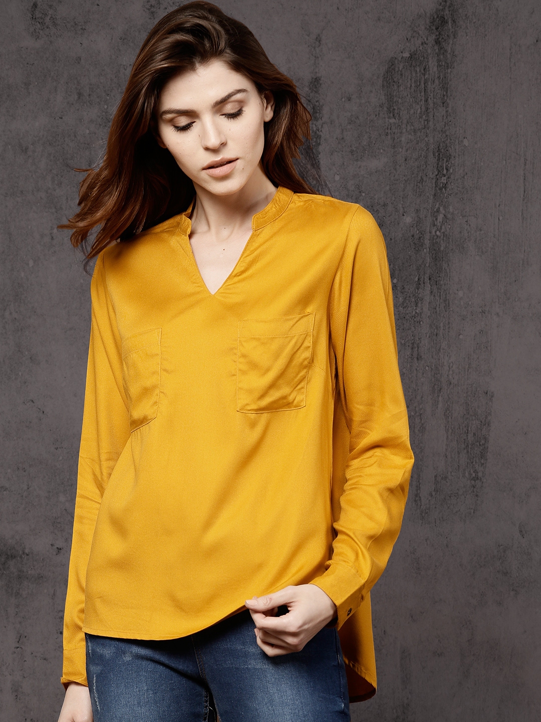 Buy Roadster Women Mustard Yellow Solid Top Tops For Women 2423619