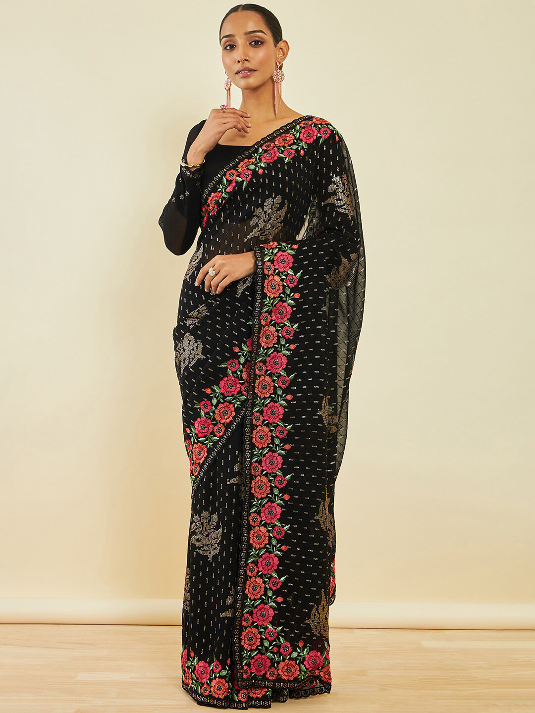 Buy Soch Black & Pink Embellished Sequinned Saree - Sarees for Women ...