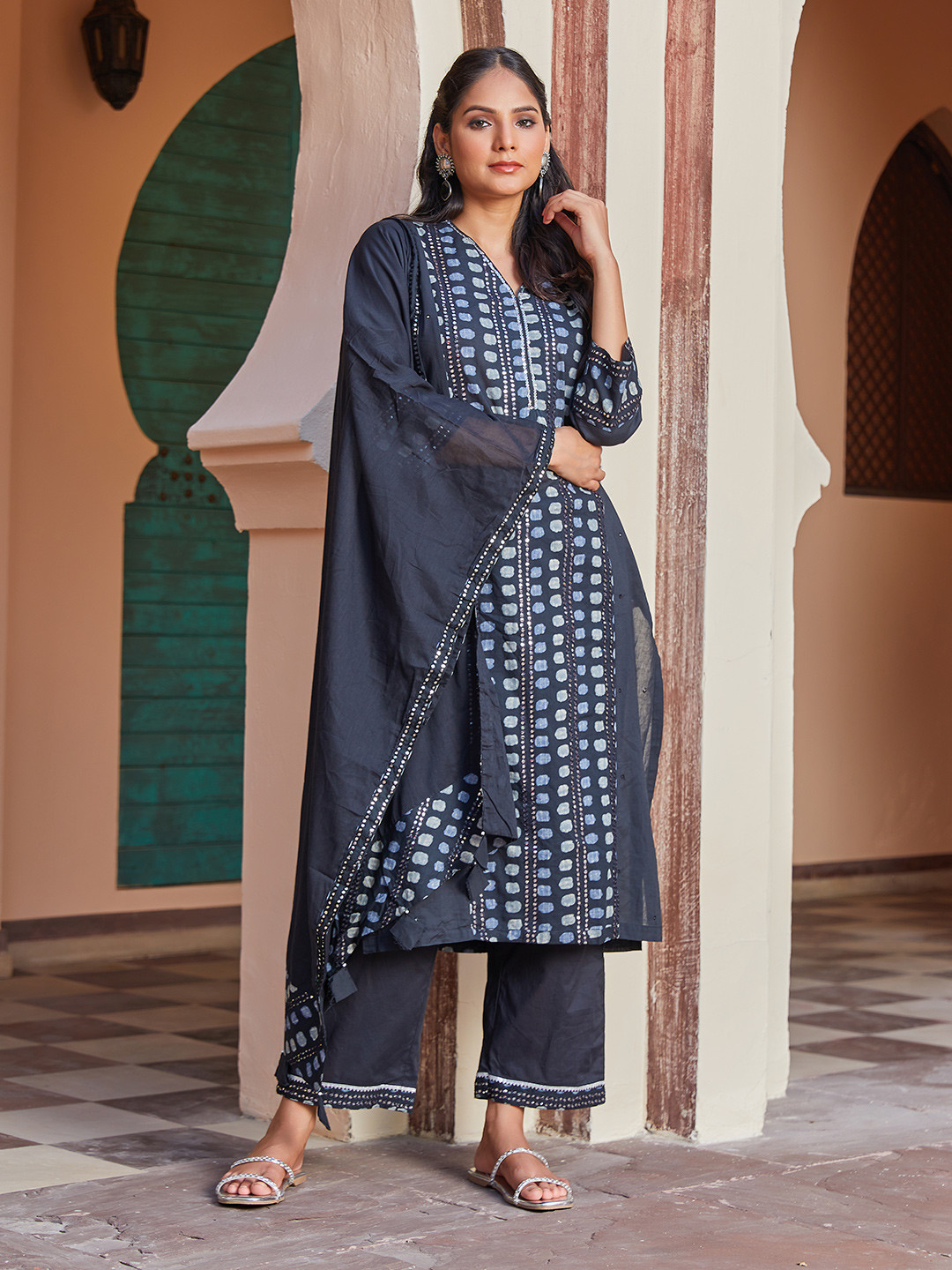 Buy Biba V Neck Ethnic Motif Printed Sequinned Regular Kurta & Trouser With Dupatta - Kurta Sets ...