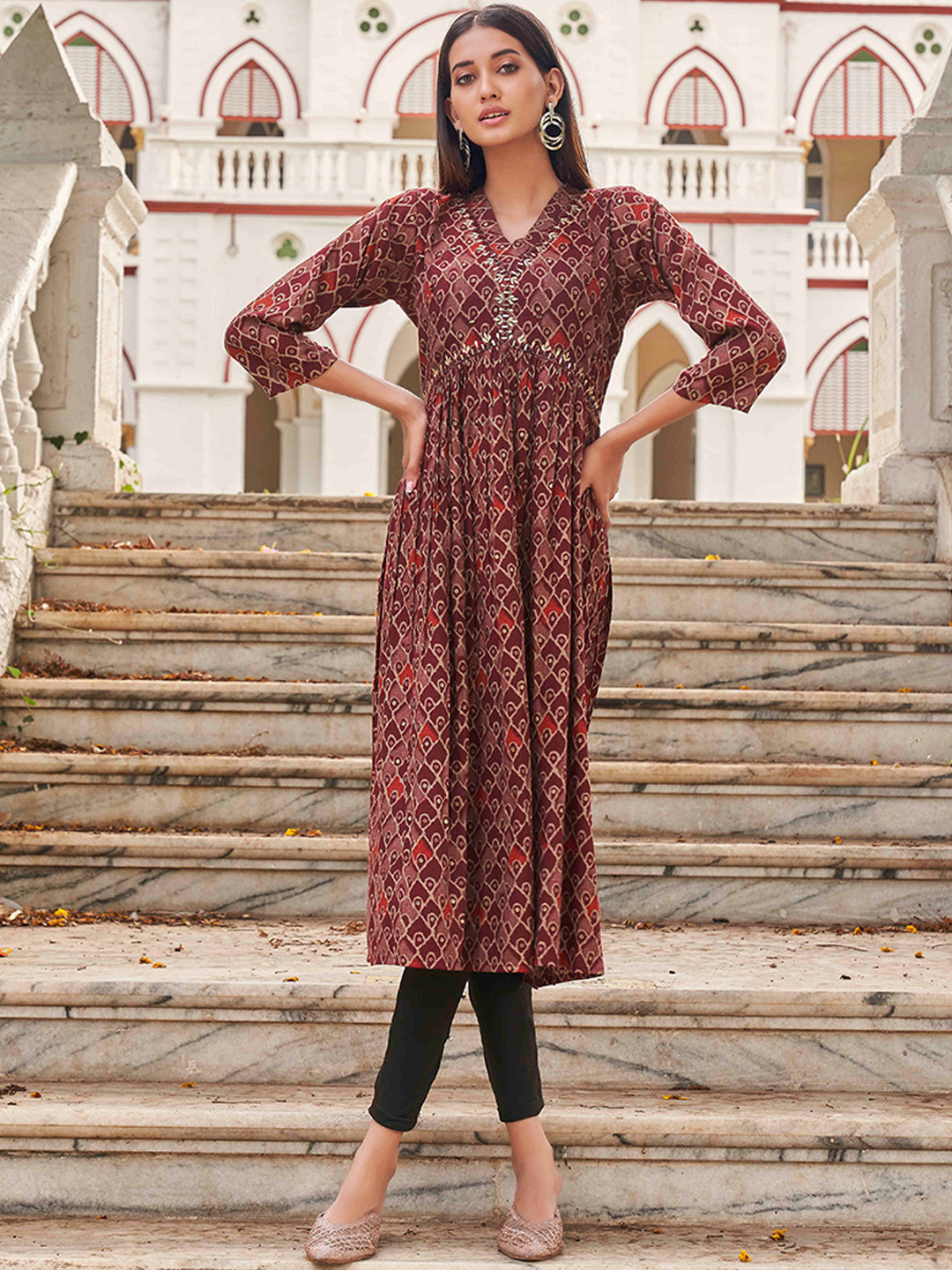 Buy Tikhi Imli Maroon & Beige Ethnic Motifs Printed Mirror Work ...