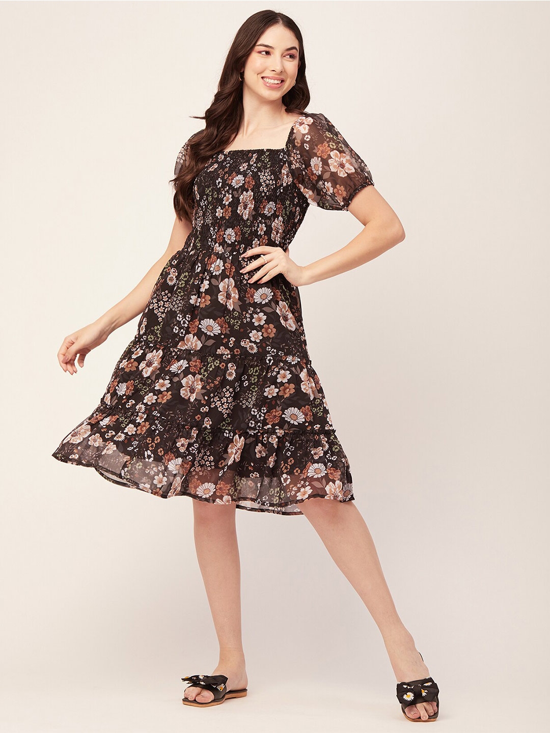 Buy Moomaya Floral Printed Square Neck Puff Sleeves Smocked Detail