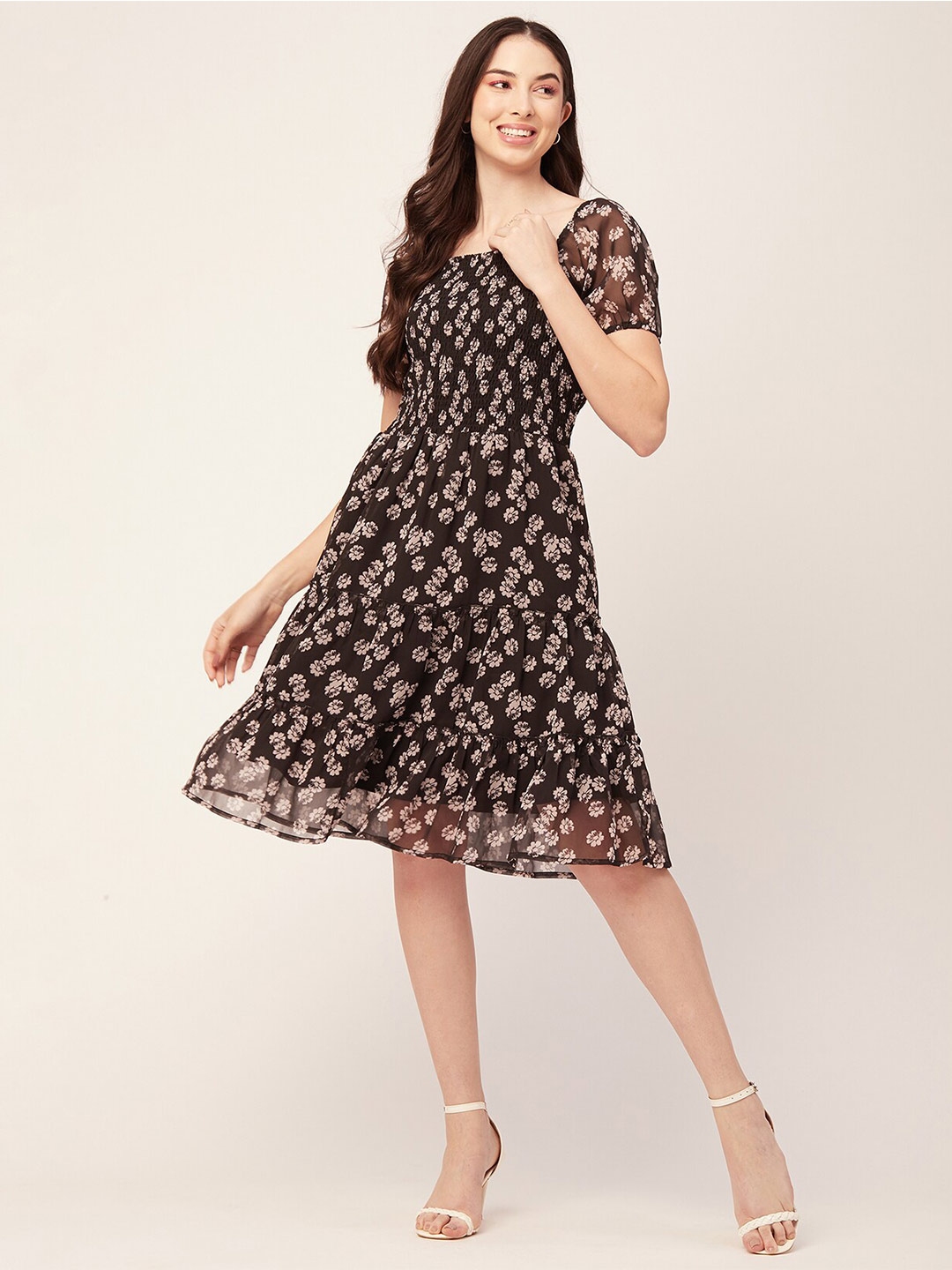 Buy Moomaya Floral Printed Smocked Square Neck Puff Sleeves Fit And Flare