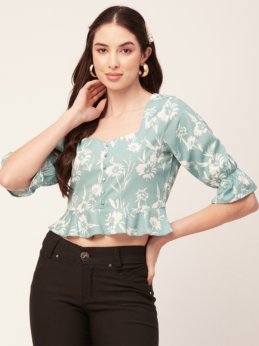 Buy Moomaya Floral Printed Sweetheart Neck Bell Sleeves Crepe Crop Top