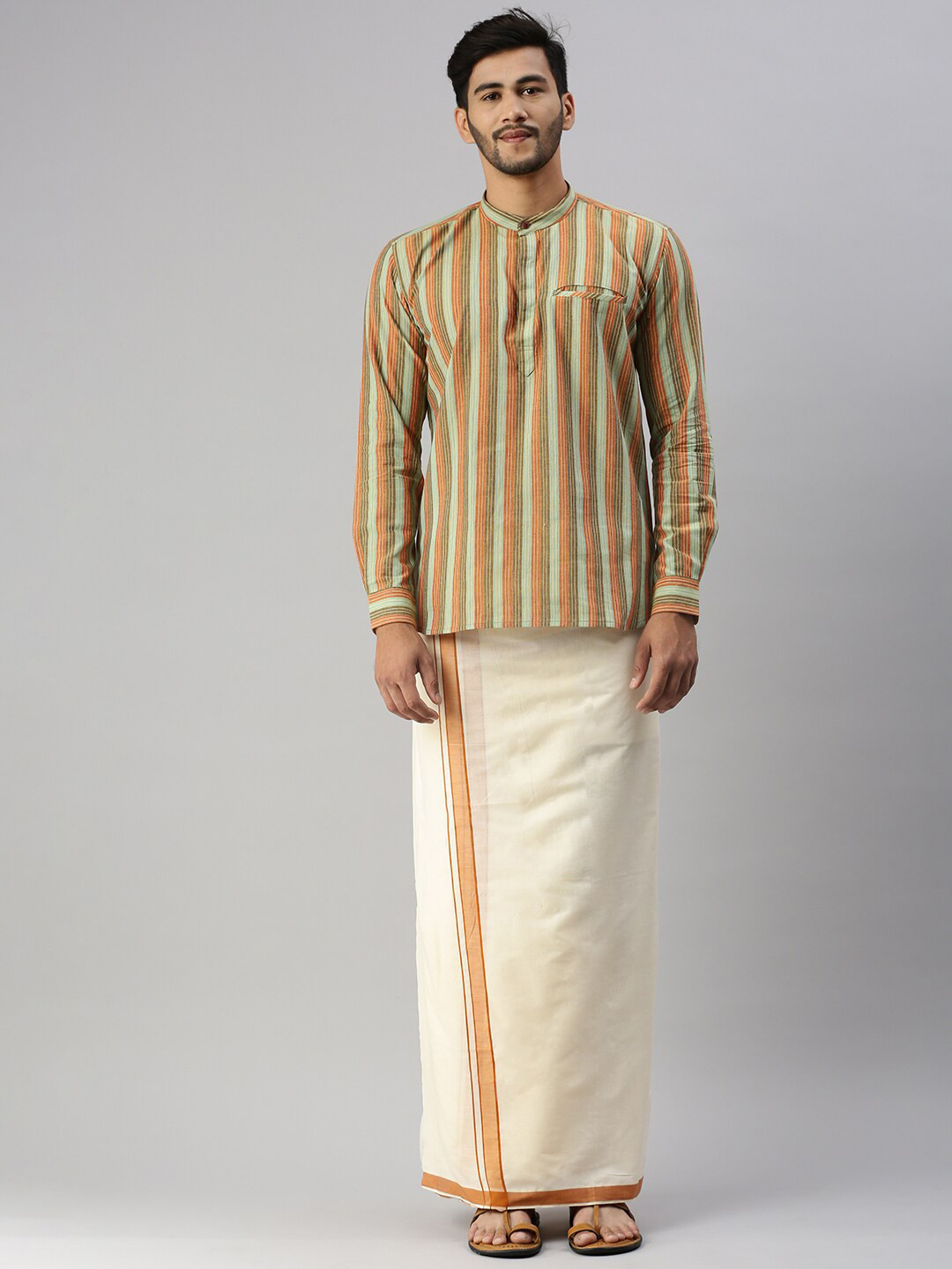 Buy Ramraj Striped Pure Cotton Kurta With Veshti - Clothing Set for Men ...