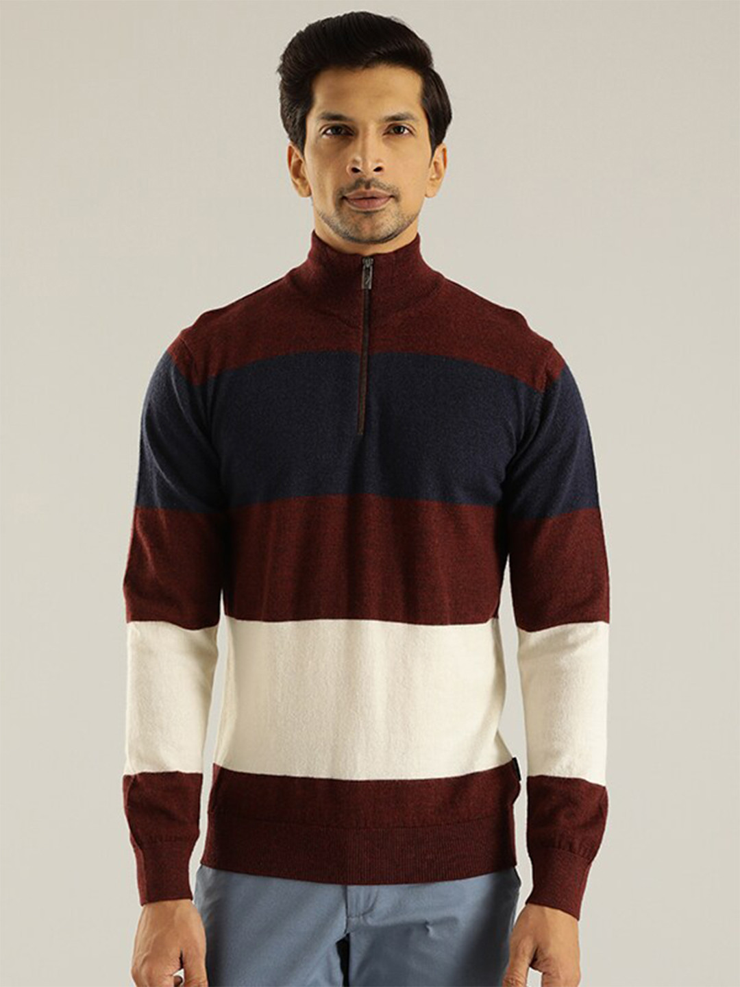 Buy Indian Terrain Colourblocked Ribbed Woollen Pullover Sweatshirt ...