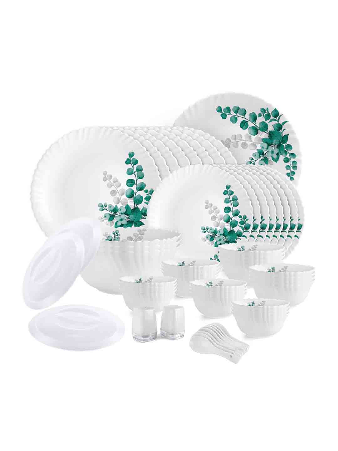 Buy Cello Dazzle Series White 57 Pcs Chip & Scratch Resistant Aqua Leaves Opalware Dinner Set ...