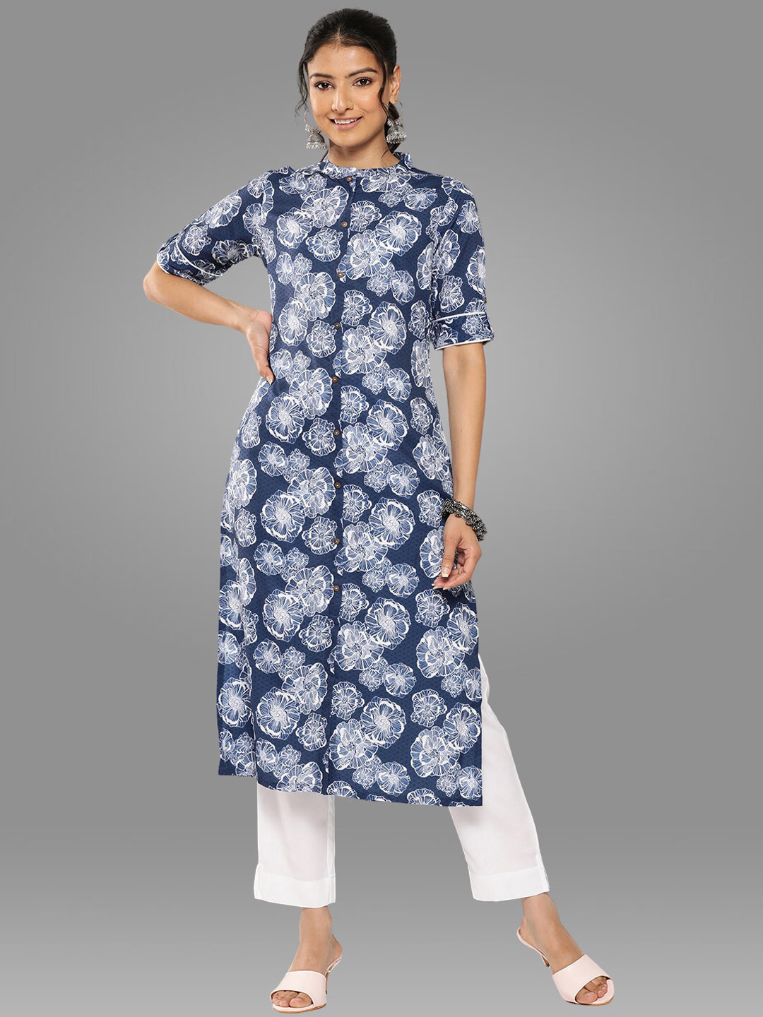 Buy Janasya Blue Floral Printed Mandarin Collar Straight Kurta With ...