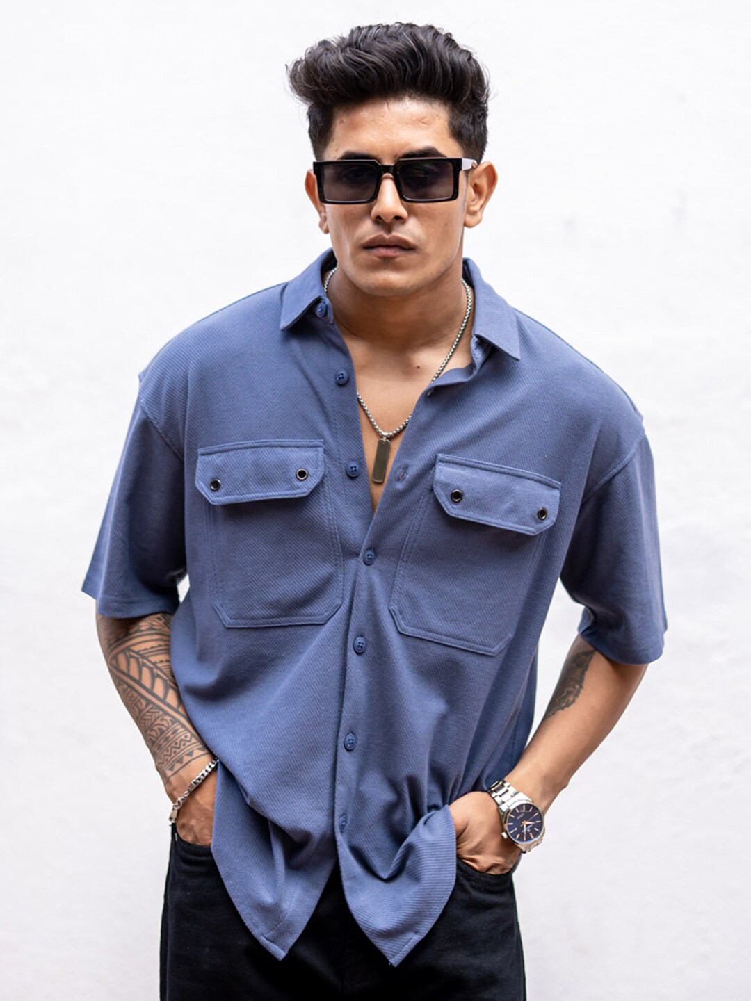 Buy Powerlook Men Blue Knitted Oversized Casual Shirt - Shirts for Men ...