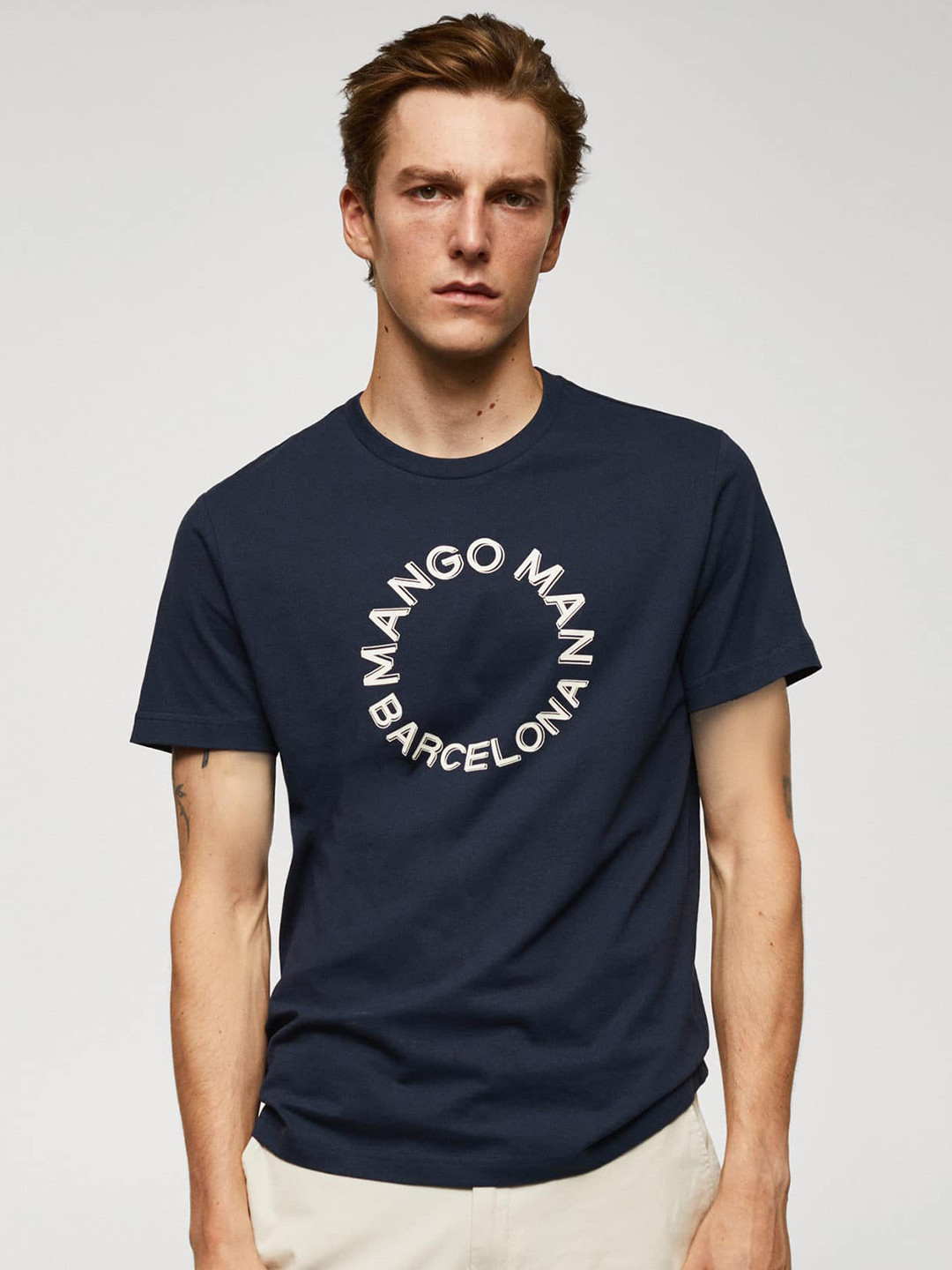 Buy MANGO MAN Pure Cotton Brand Logo Printed Regular Fit T Shirt ...