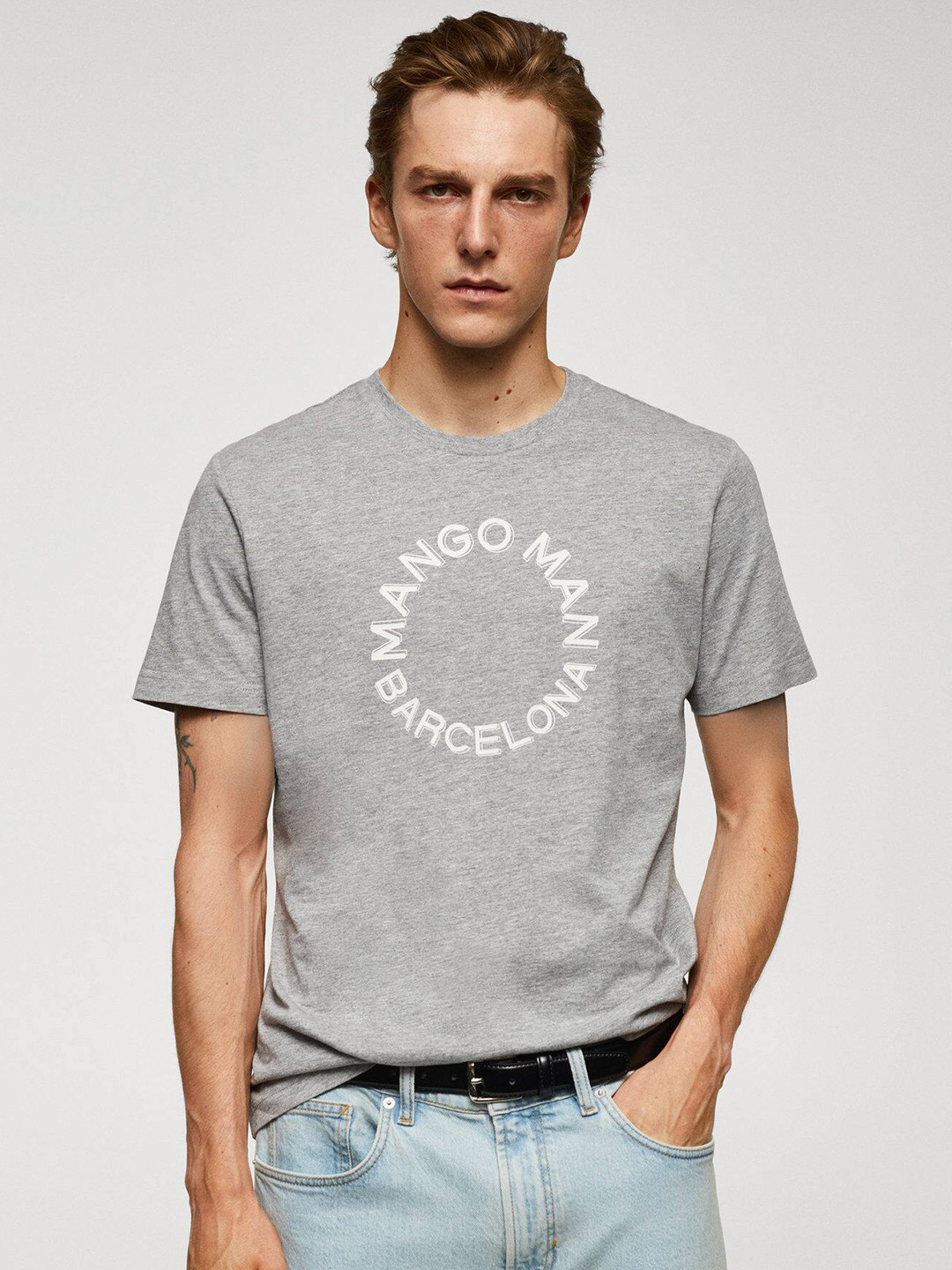 Buy MANGO MAN Pure Cotton Brand Logo Printed Regular Fit T Shirt ...