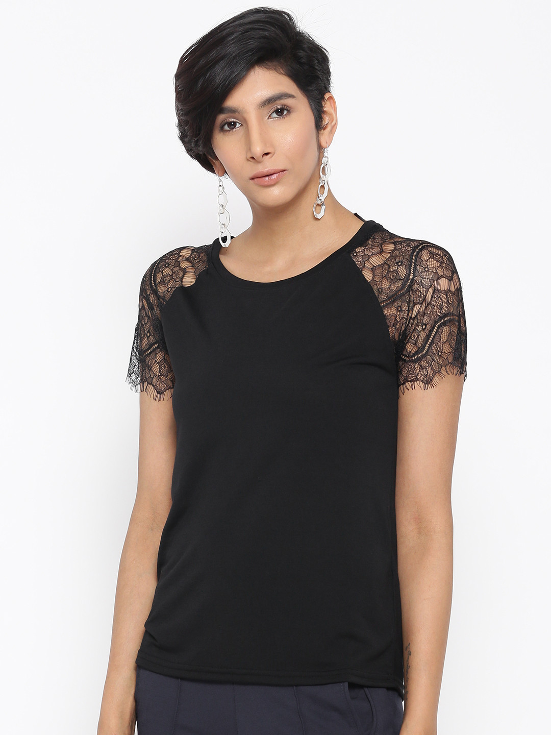 Buy ONLY Women Black Solid Top With Lace Detail - Tops for Women ...