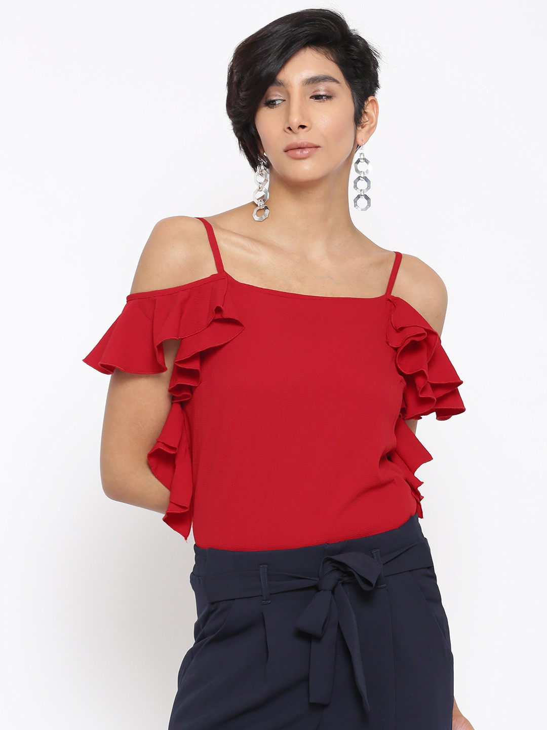 Buy ONLY Women Red Solid Ruffled Bardot Top - Tops for Women 2427171 ...