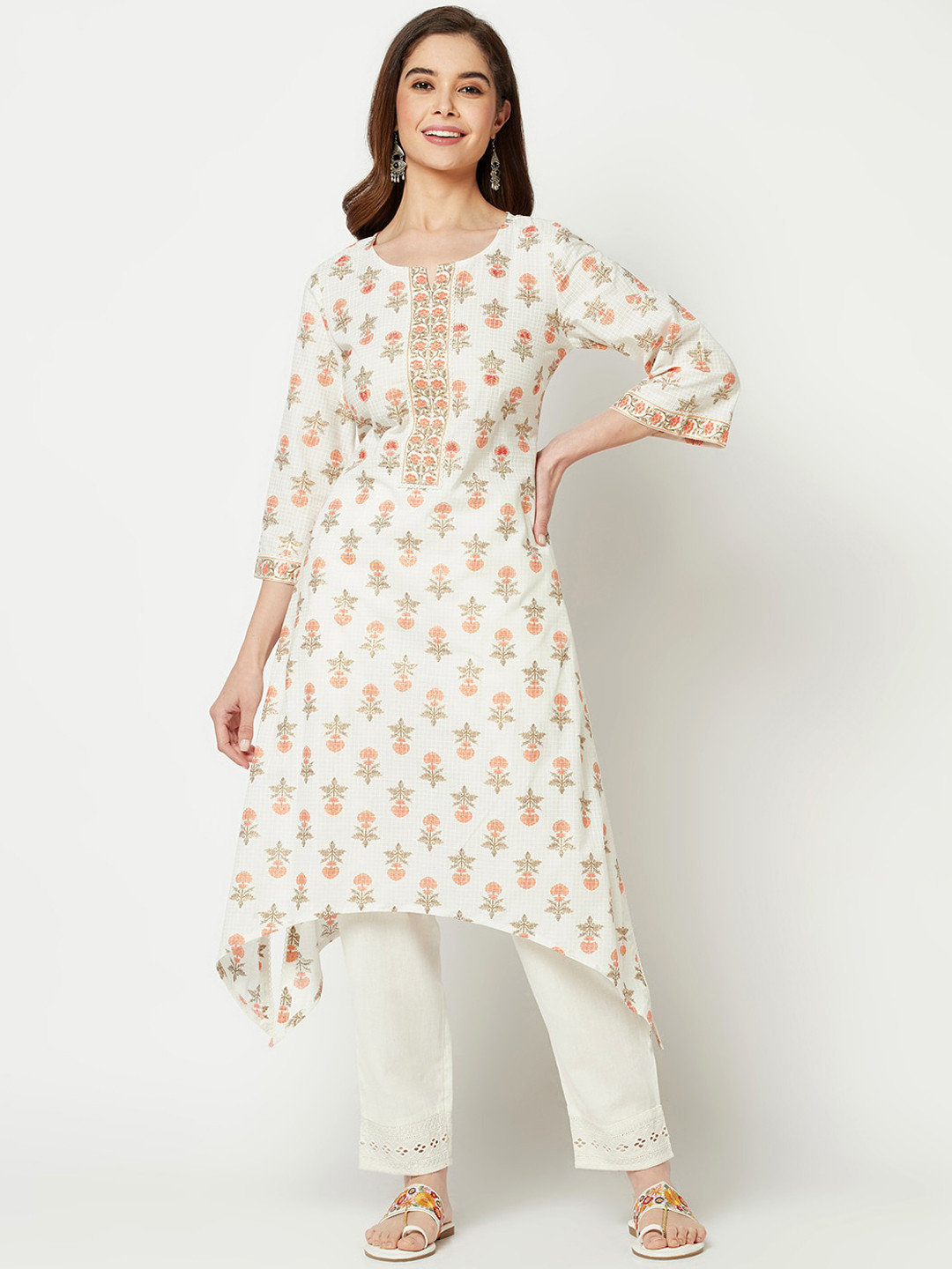 Buy IMARA Ethnic Motifs Printed Regular Pure Cotton Kurta With Trousers ...