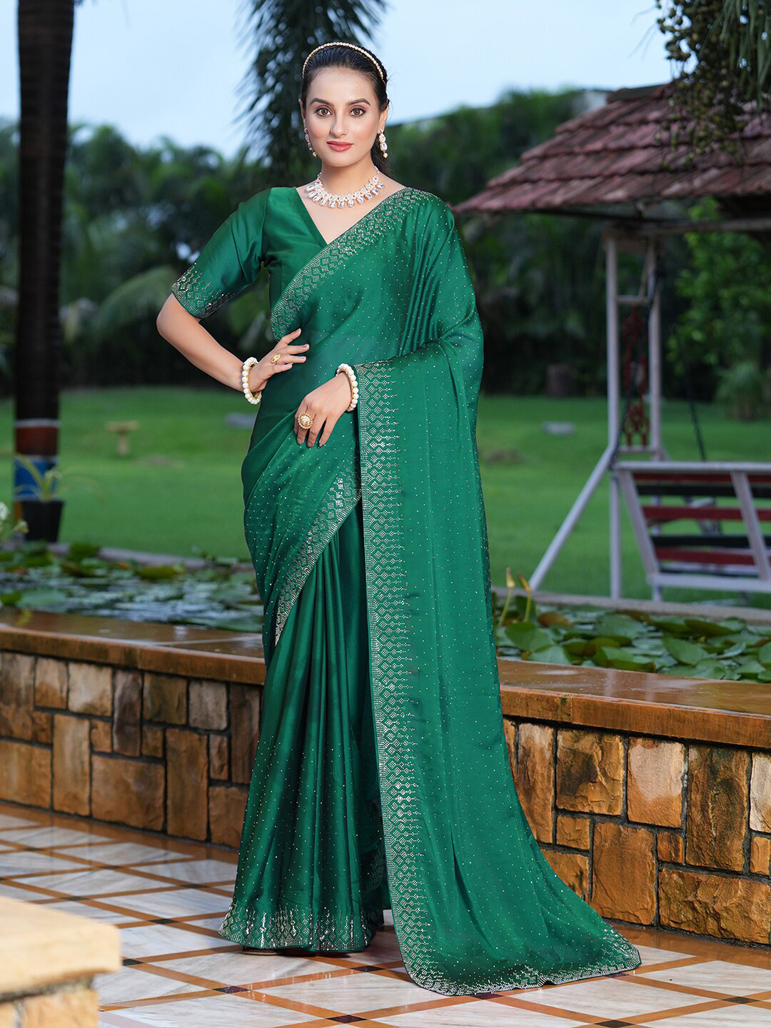 Buy Satrani Green Embellished Beads & Stones Poly Georgette Saree ...
