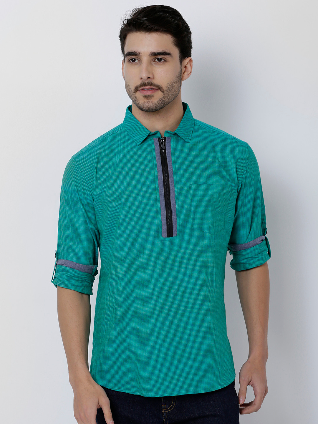 Buy Svanik Men Sea Green Checked Straight Kurta - Kurtas for Men ...