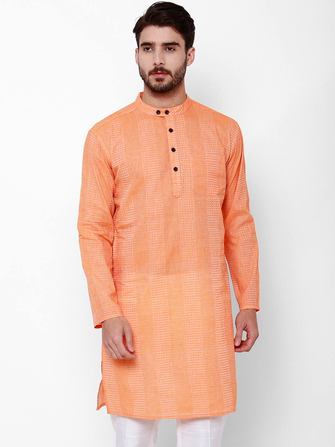 Buy Svanik Men Orange Dobby Woven Design Straight Kurta - Kurtas for ...