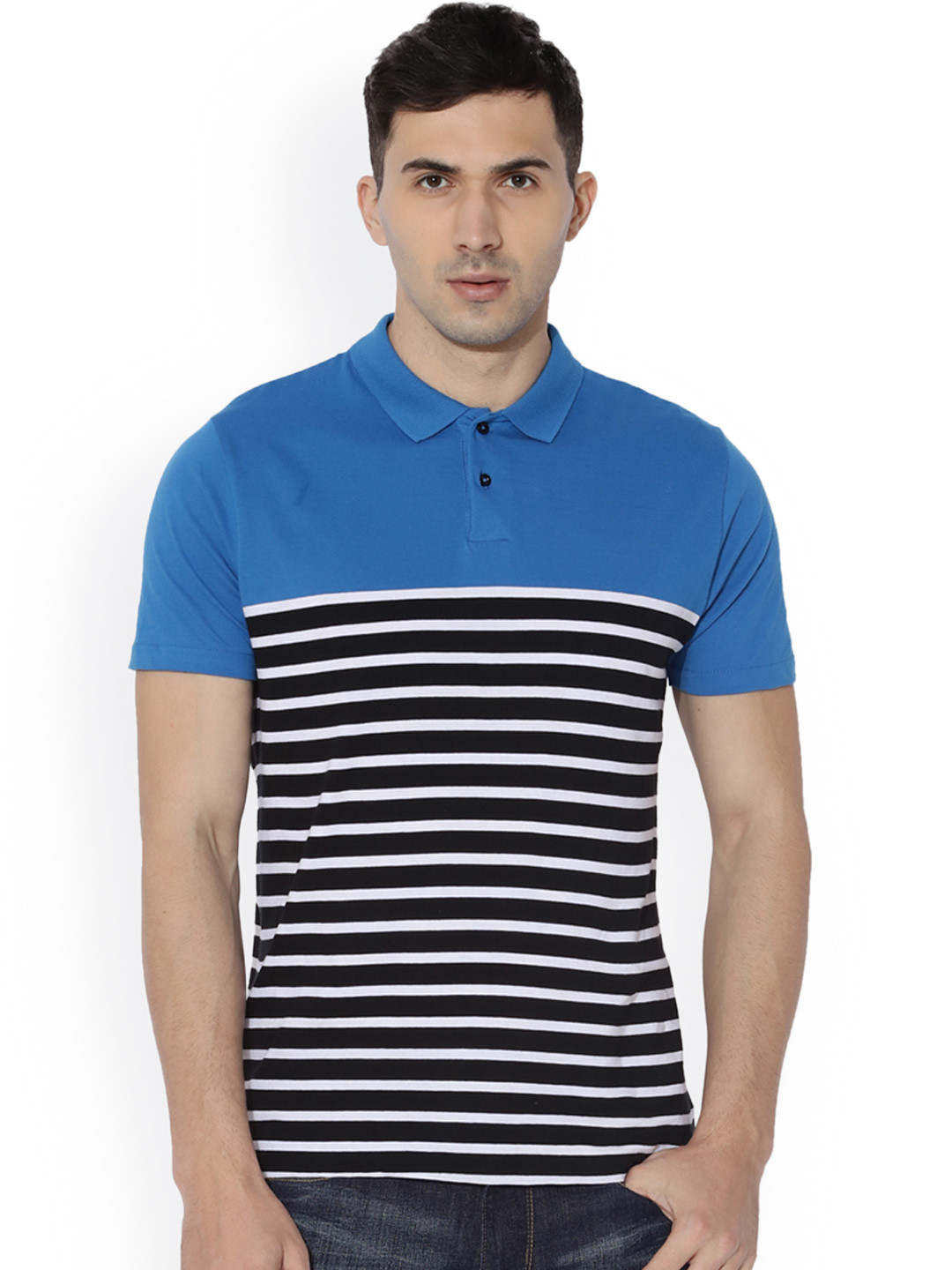 Buy RARE RABBIT Men Blue Striped Polo Collar T Shirt - Tshirts for Men ...