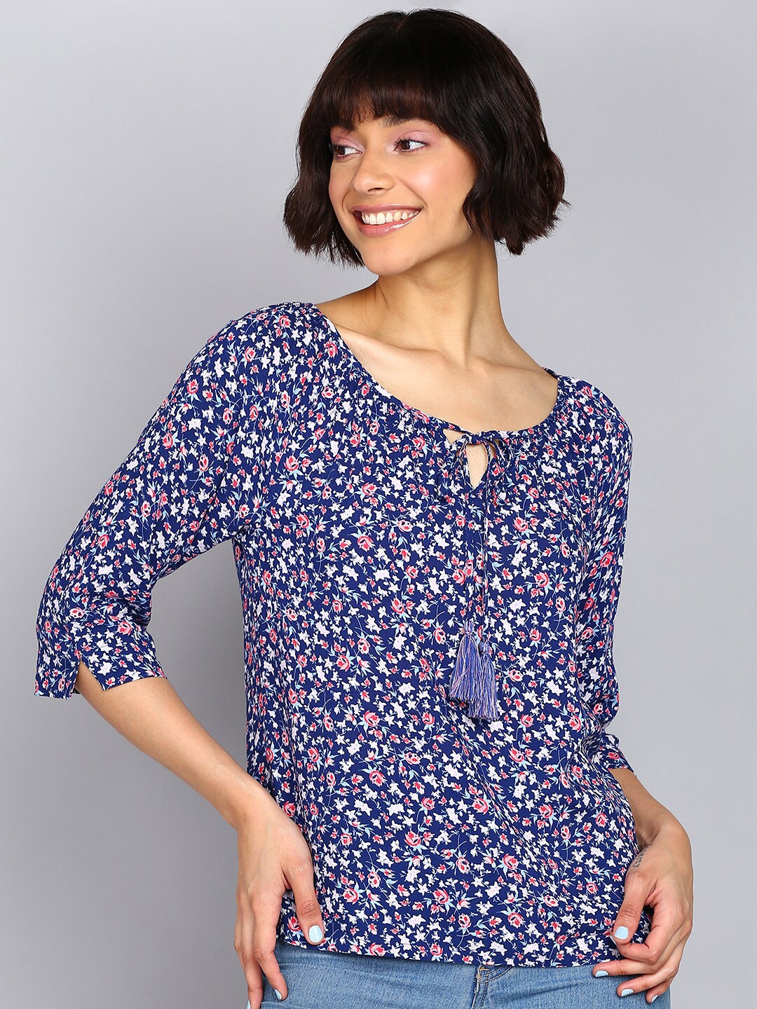 Buy Mast And Harbour Navy Blue Floral Print Tie Up Neck Top Tops For