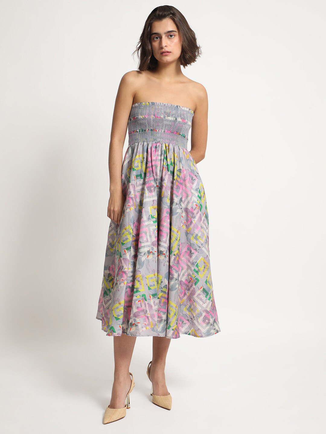 Buy RAREISM Geo Floral Printed Off Shoulder Fit & Flare Tube Midi Dress ...