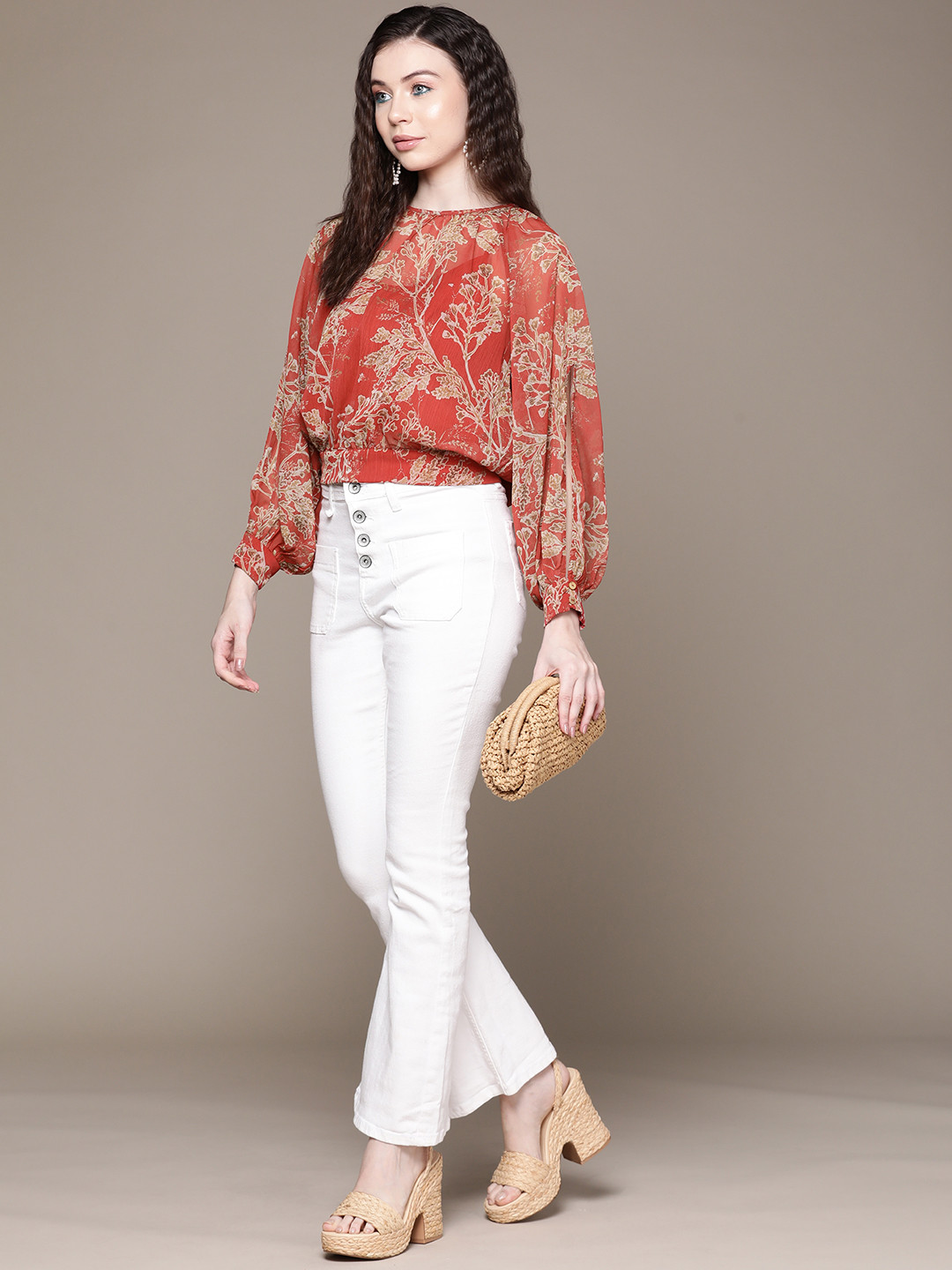 Buy Aarke Ritu Kumar Floral Print Puff Sleeve Chiffon Blouson Top With ...