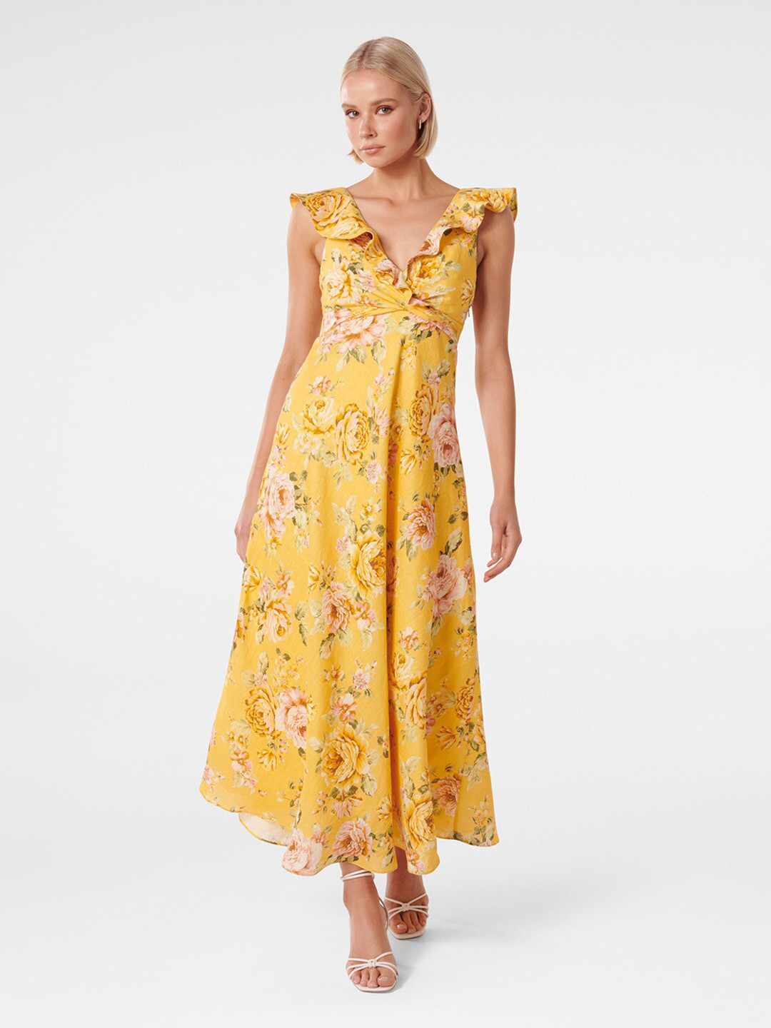 Buy Forever New V Neck Floral Print Pure Linen Fit And Flare Dress ...