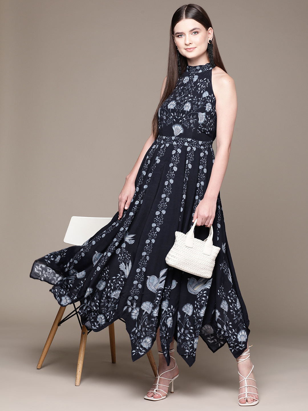 Buy Label Ritu Kumar Floral Print Halter Neck Crepe Fit & Flare Midi ...