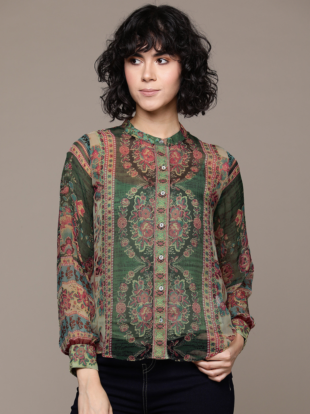 Buy Label Ritu Kumar Women Relaxed Semi Sheer Printed Casual Shirt With ...