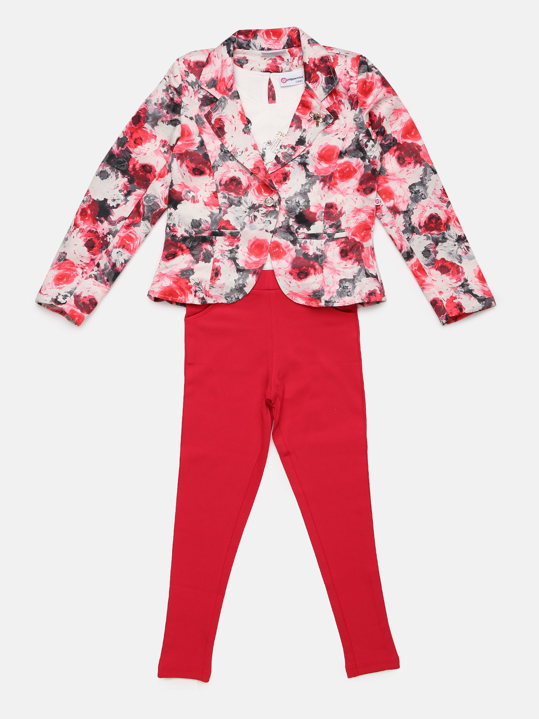 Buy Peppermint Girls Peach Coloured & Red Printed Coat With Leggings ...