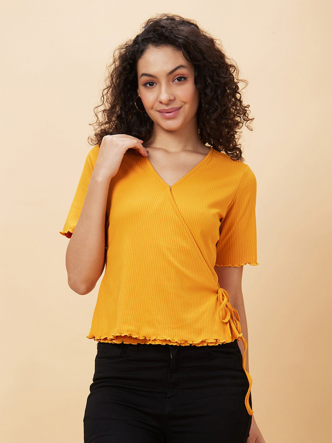 Buy Globus Mustard Self Designed V Neck Tie Ups Detailed Warp Top ...