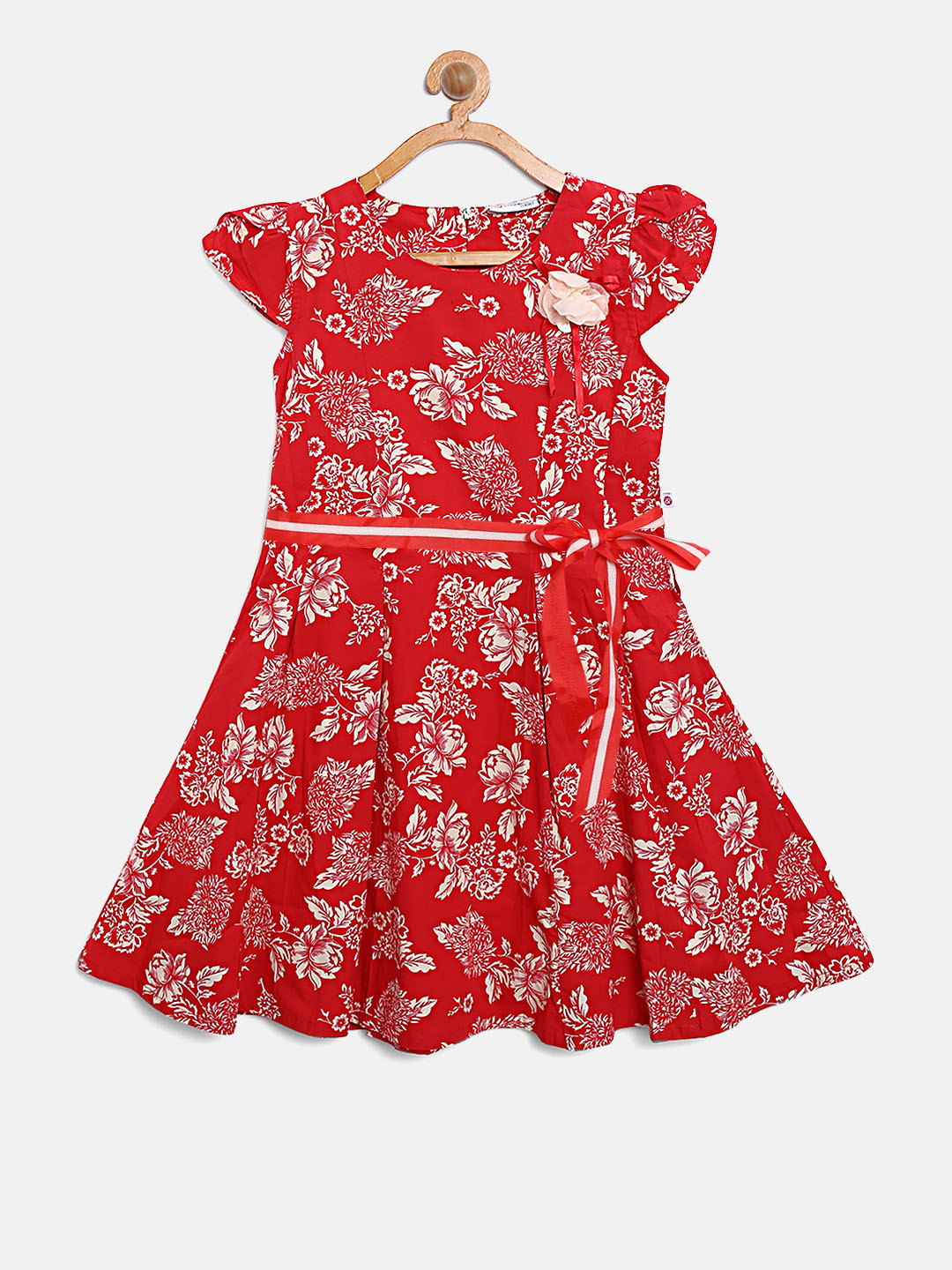 Buy Peppermint Girls Red & Off White Printed Fit And Flare Dress ...