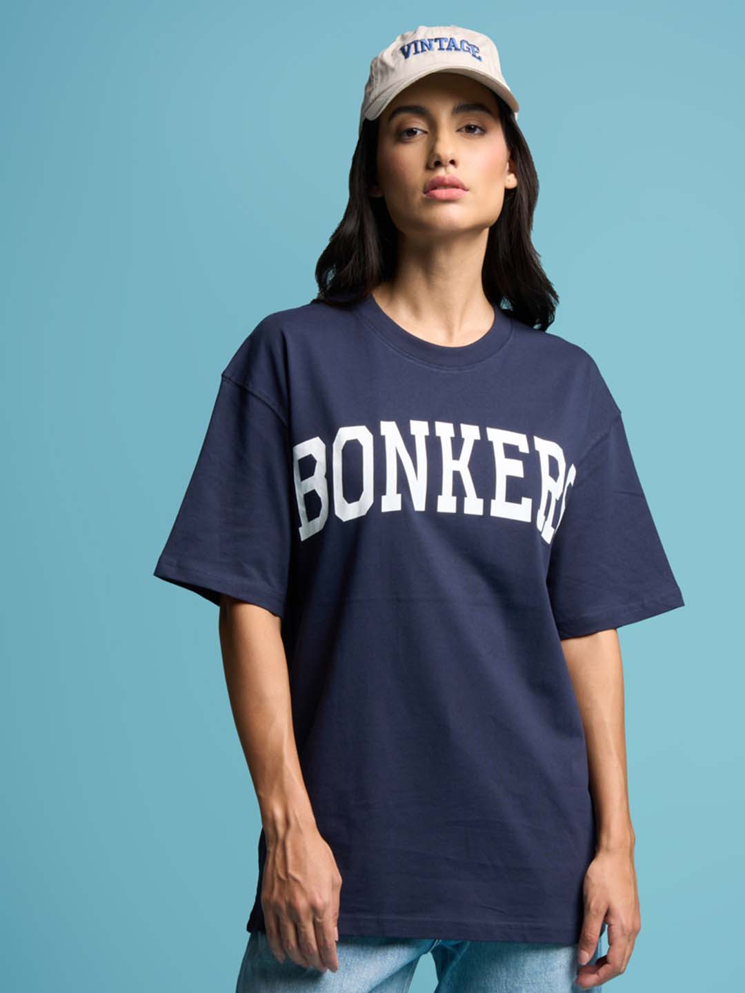 Buy Bonkers Corner Navy Blue Typography Printed Drop Shoulder Sleeves ...