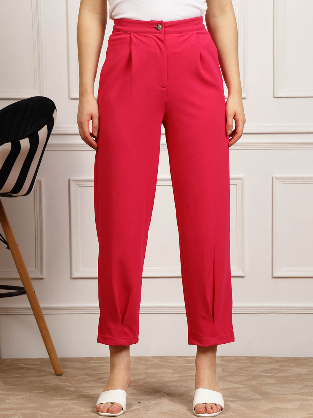 Buy PlusS WORX Women Pink Pleated Cropped Peg Trousers - Trousers for ...