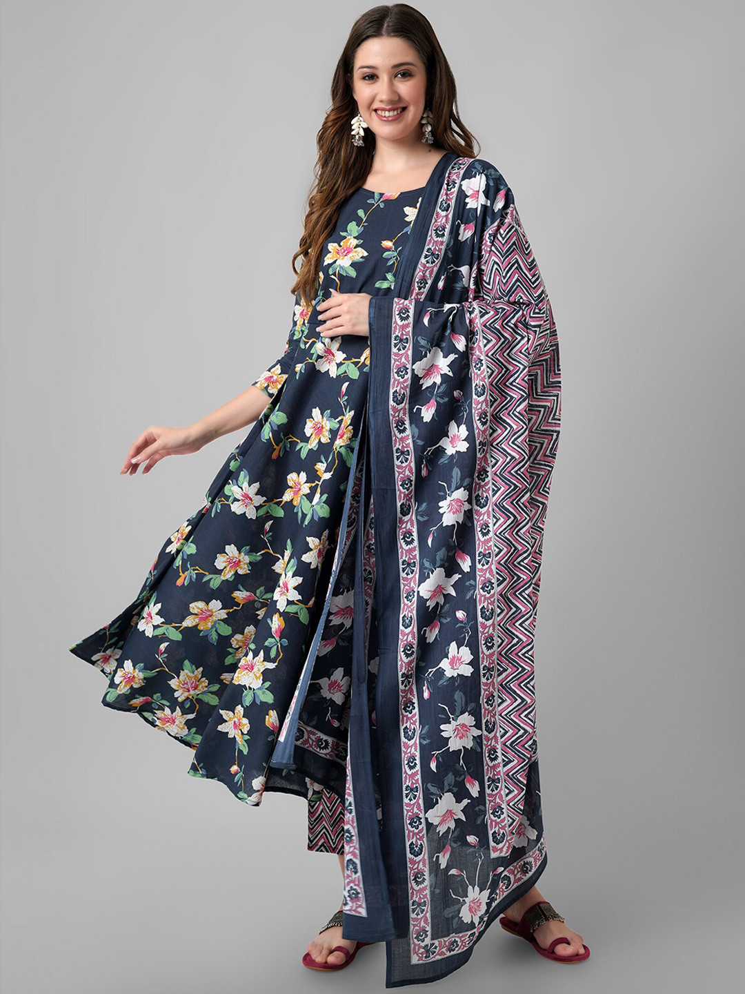 Buy Arayna Floral Printed Anarkali Pure Cotton Kurta With Palazzos & Dupatta - Kurta Sets for ...
