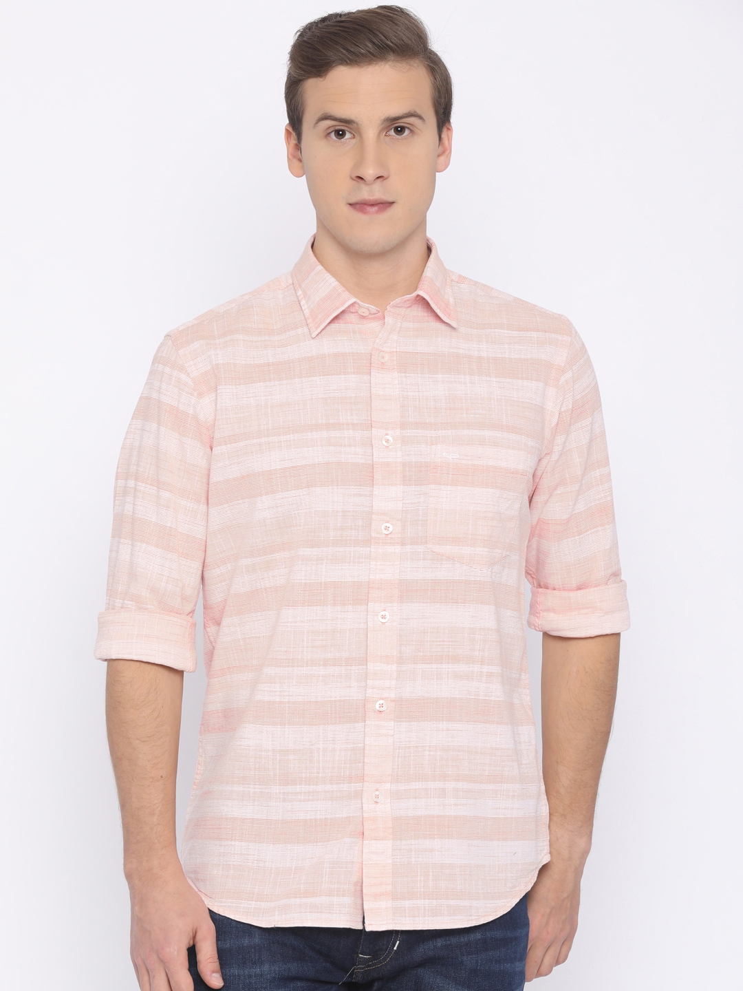 Buy ColorPlus Men Orange & White Tailored Fit Striped Casual Shirt ...