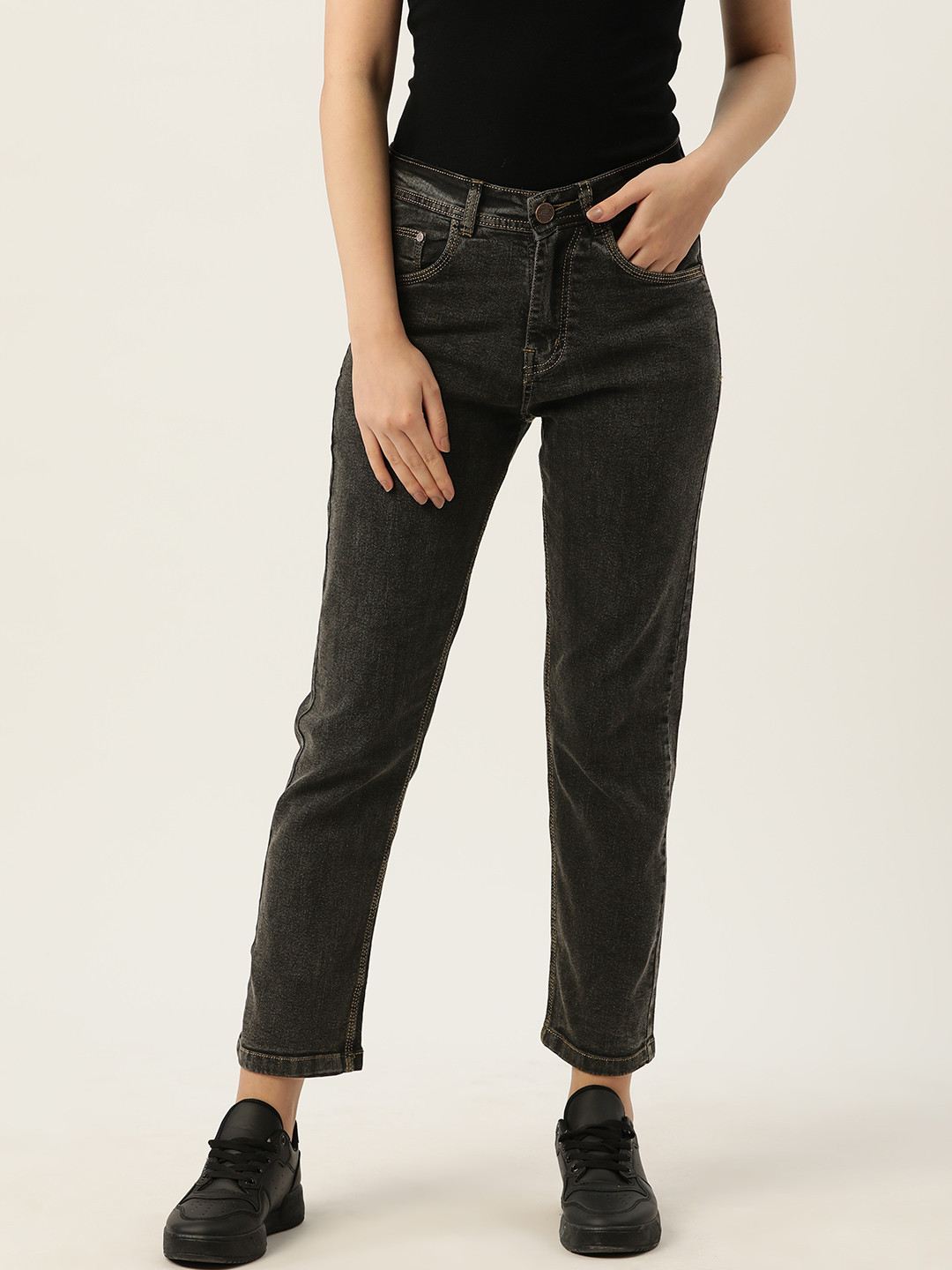 Buy PARIS HAMILTON Women Boyfriend Fit High Rise Heavy Fade Stretchable ...