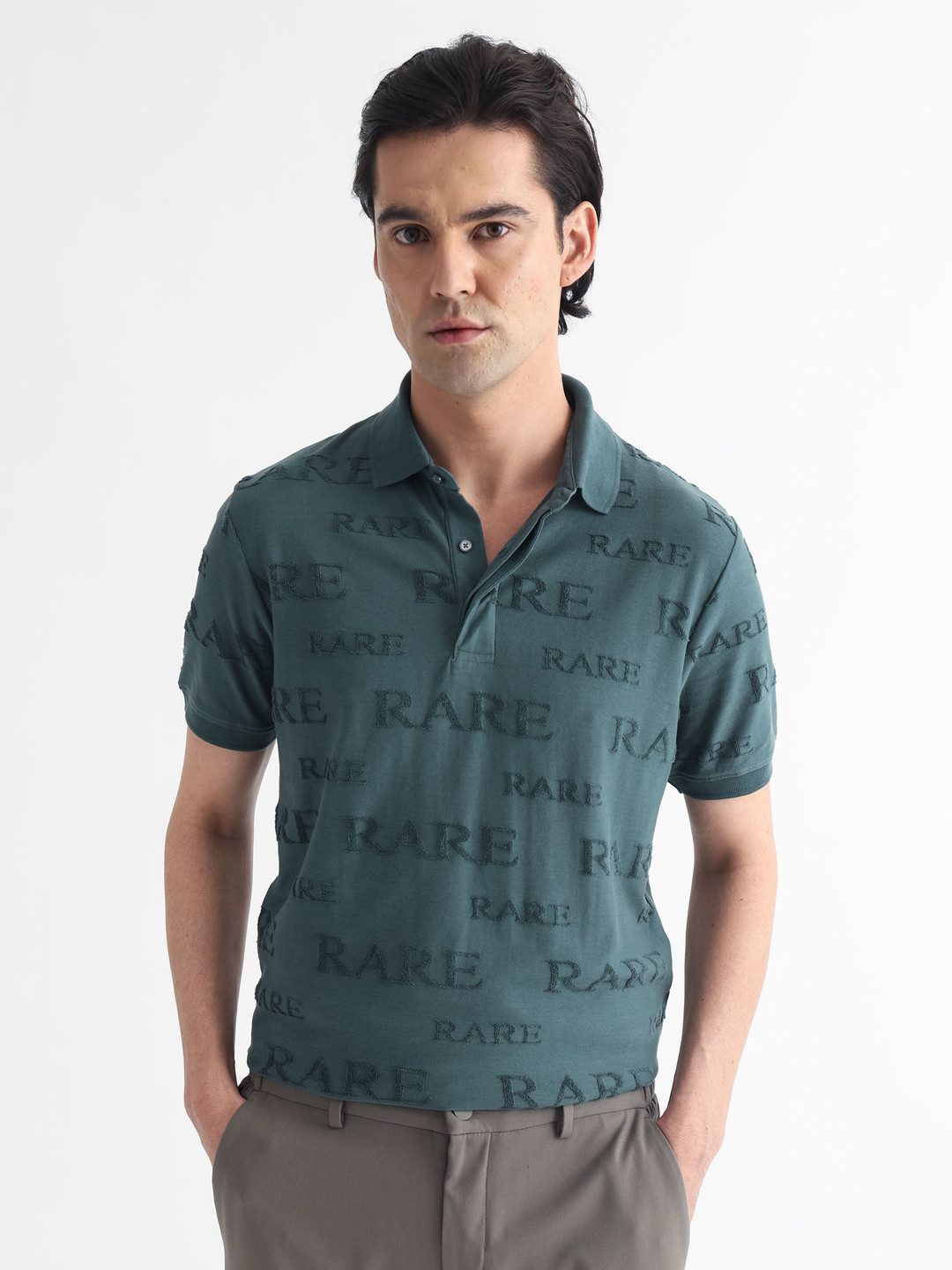 Buy RARE RABBIT Men Gesset 1 Typography Printed Polo Neck Cotton Slim ...