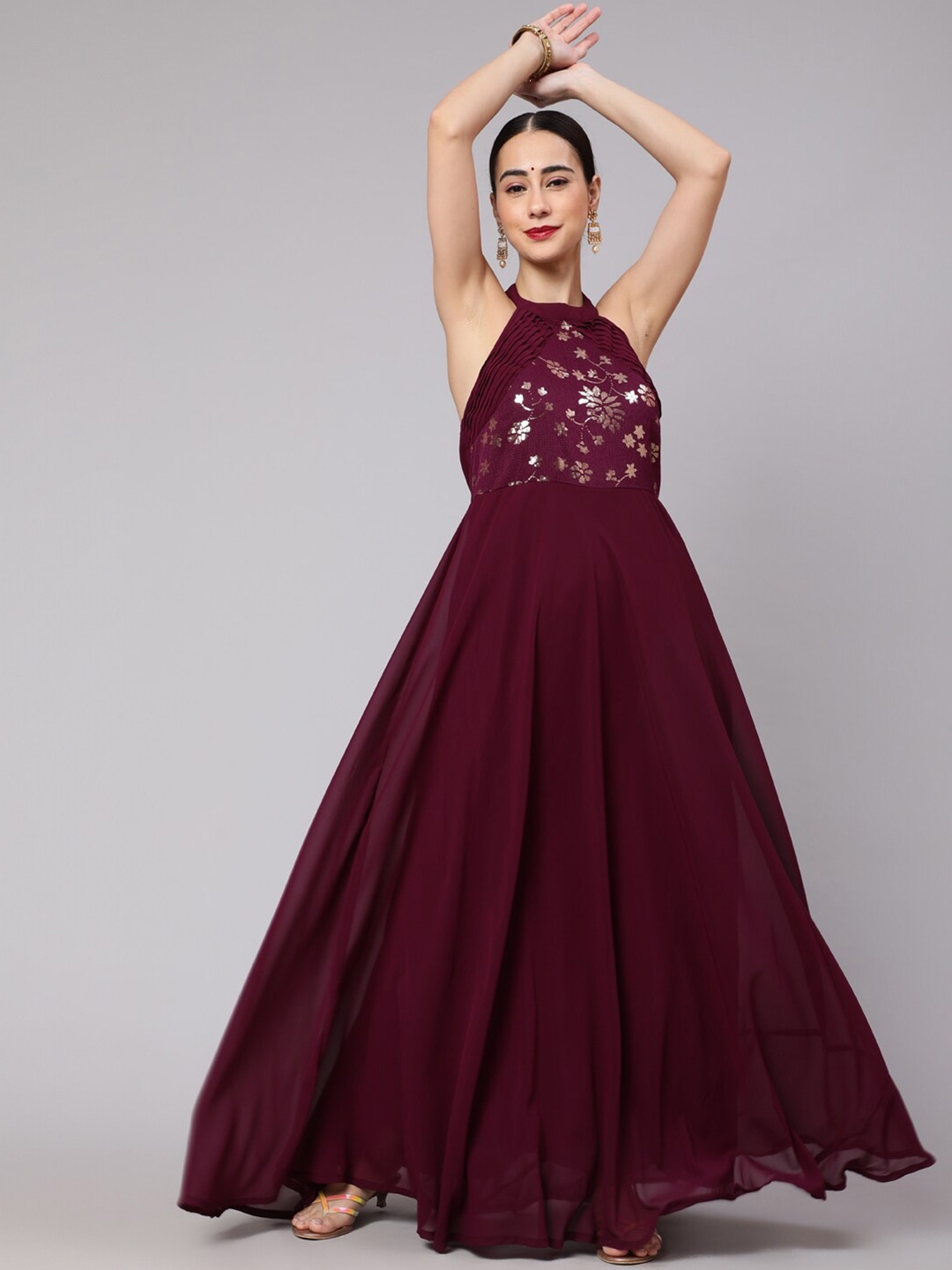 Buy Aks Couture Embelished Halter Neck Georgette Maxi Dress Dresses