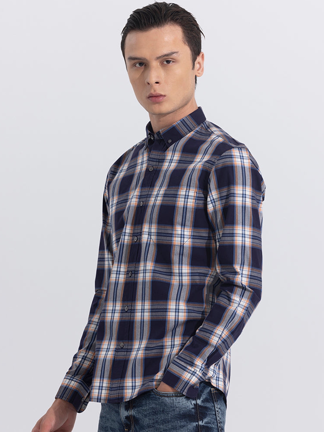 Buy Snitch Blue Classic Slim Fit Tartan Checked Pure Cotton Casual
