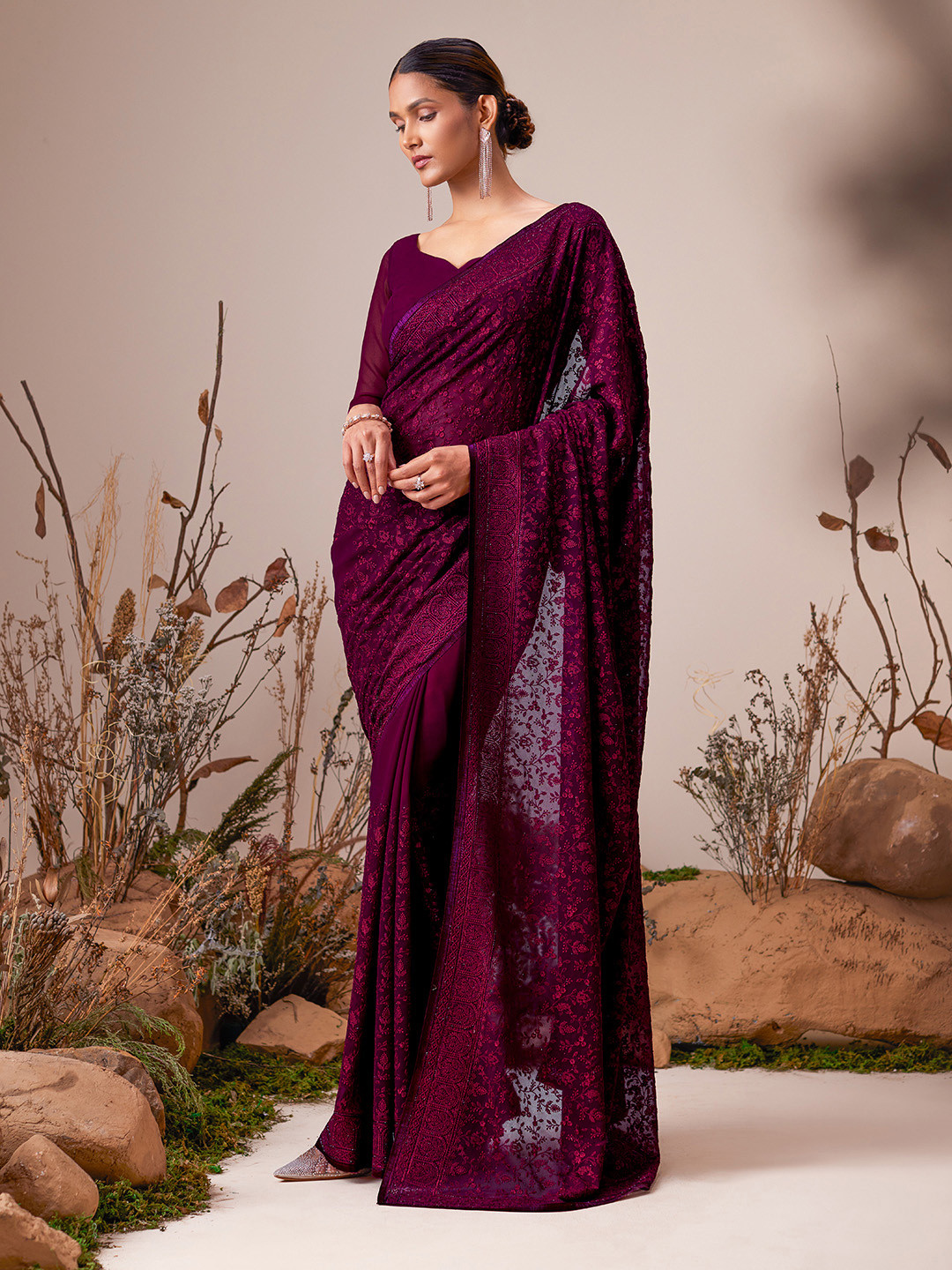 Buy Soch Ethnic Motifs Embroidered Stone Work Saree - Sarees for Women ...