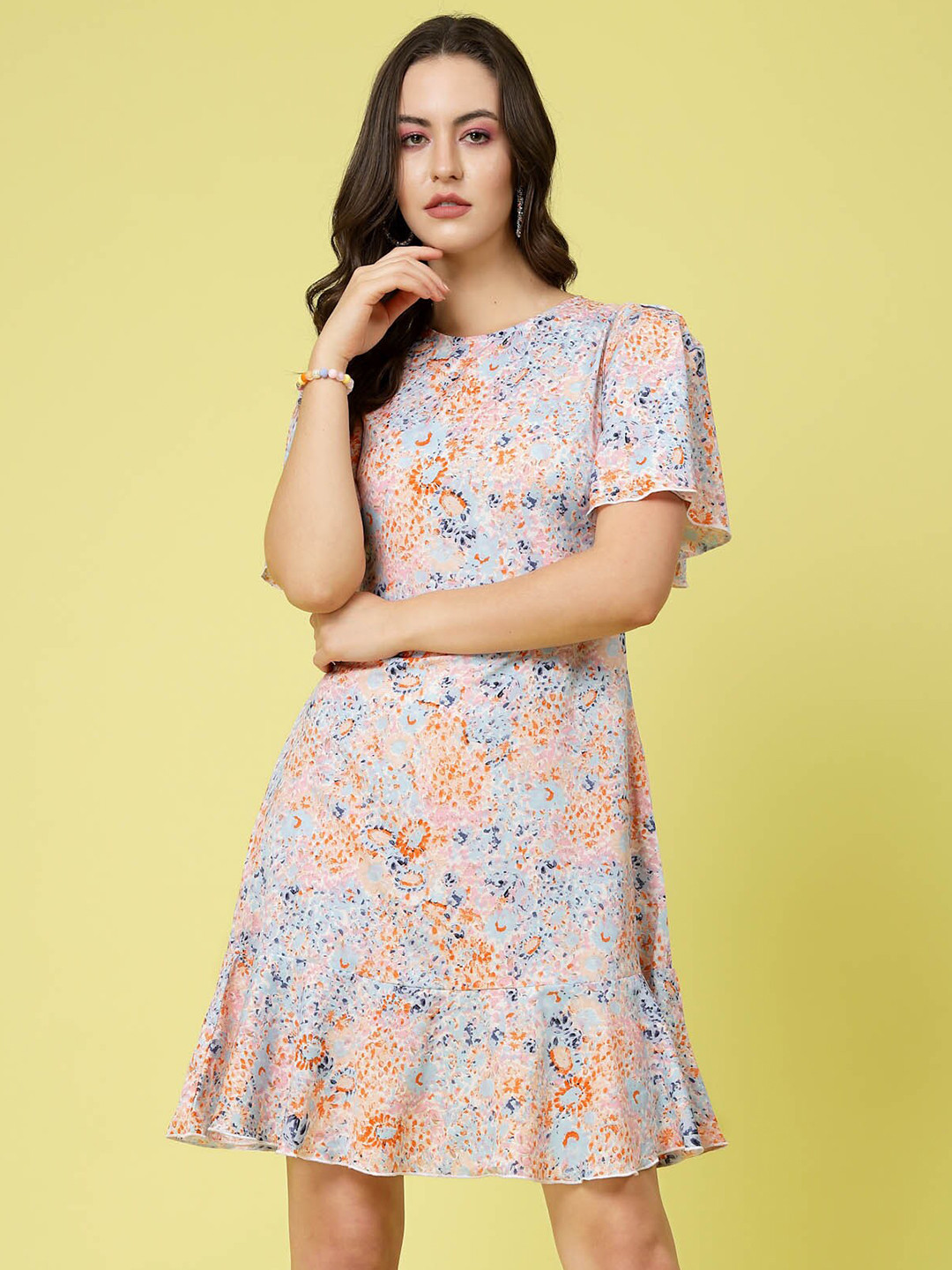 Buy PlusS Blue Abstract Printed Round Neck Flared Sleeve Tiered A Line ...