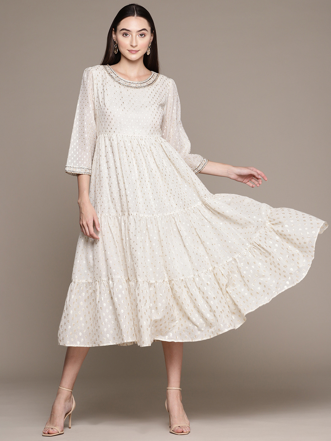 Buy Ritu Kumar Embroidered Tiered A Line Midi Ethnic Dress - Ethnic ...