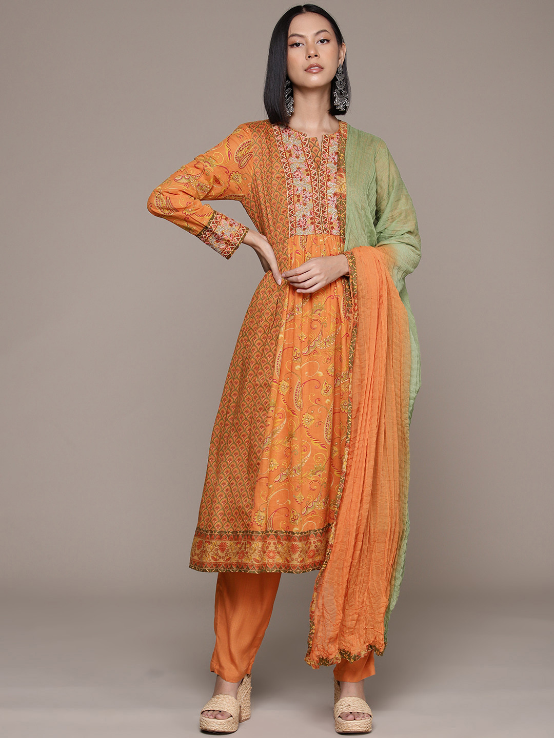 Buy Ritu Kumar Embroidered Pleated Kantha Work Kurta With Trousers ...