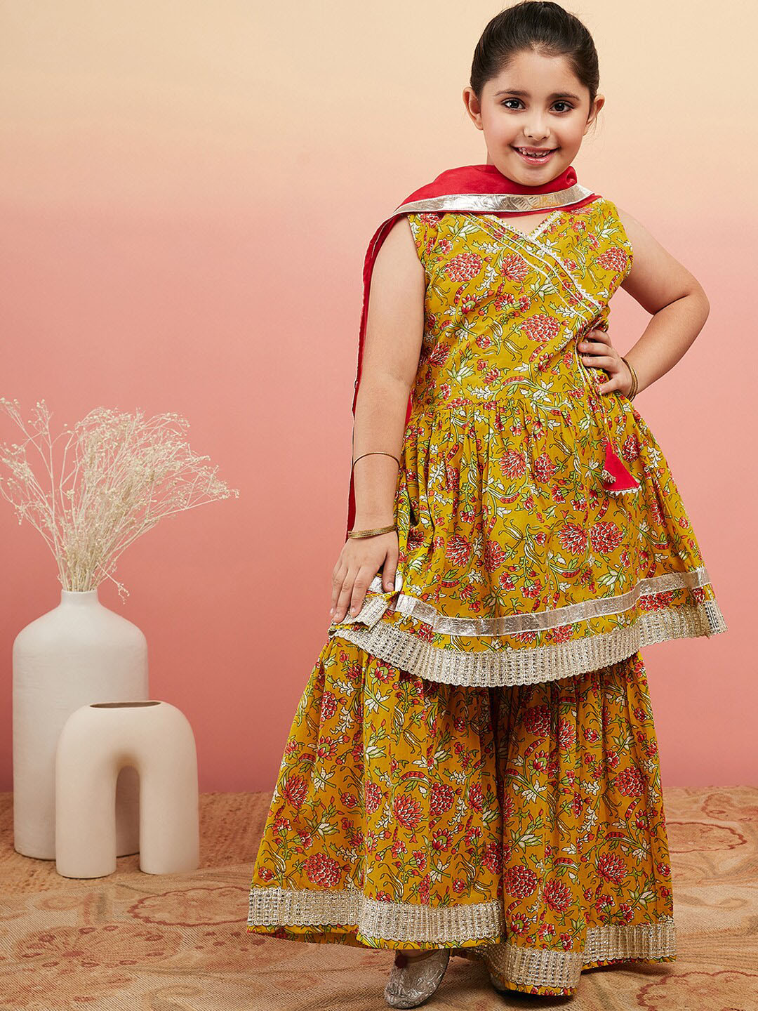 Buy Sangria Girls Mustard Floral Printed Gotta Patti Angrakha Kurta With Sharara & Dupatta ...