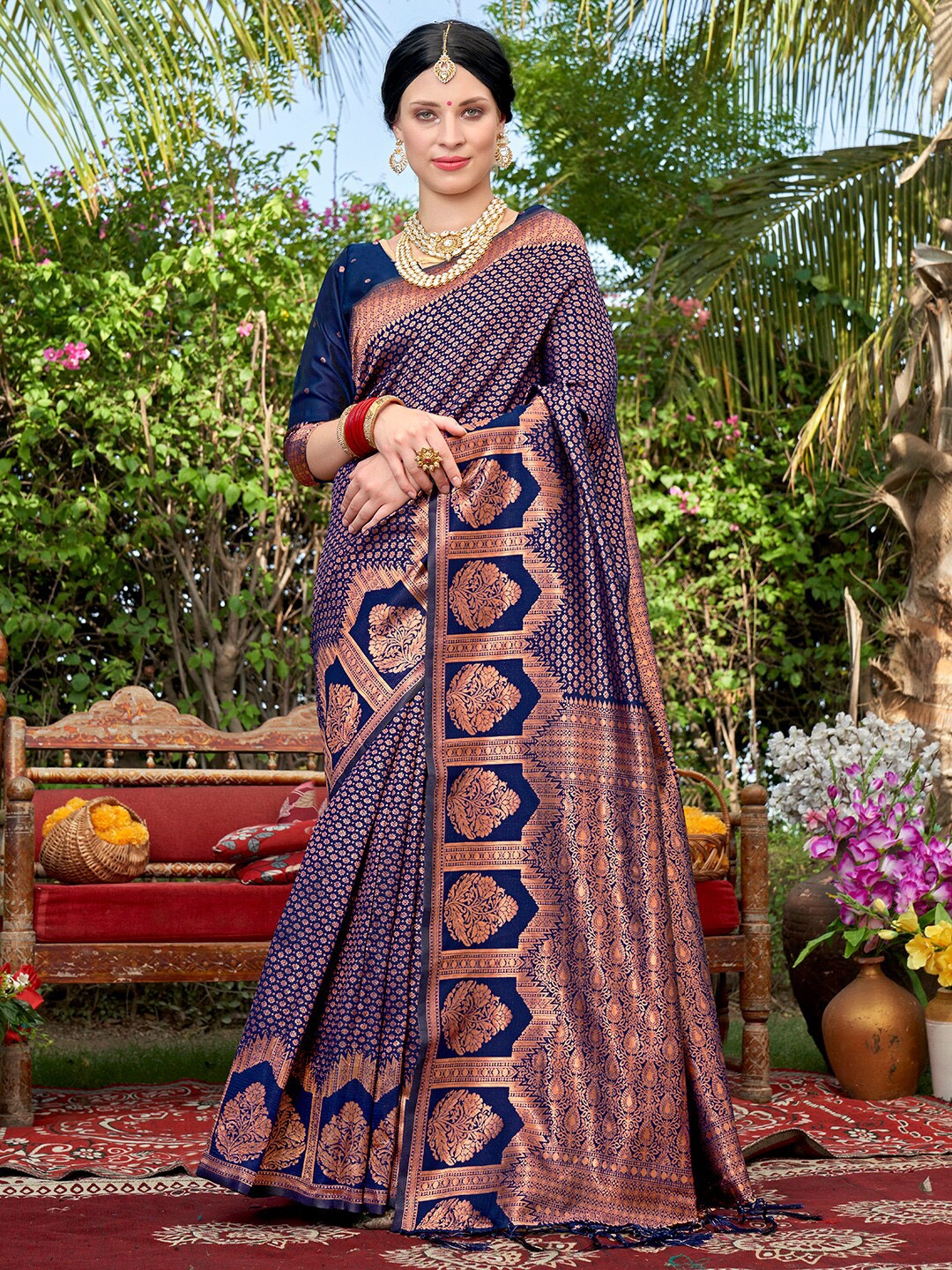 Buy Anouk Blue And Gold Toned Ethnic Motifs Woven Design Zari Banarasi
